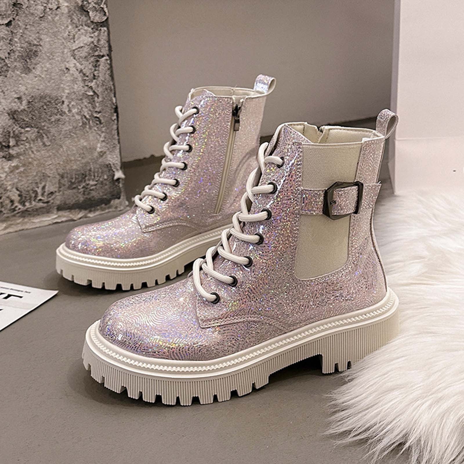 Miluxas Girls Boots Glitter Combat Boot Clearance Winter Waterproof Lace-up Walking Shoes for ...