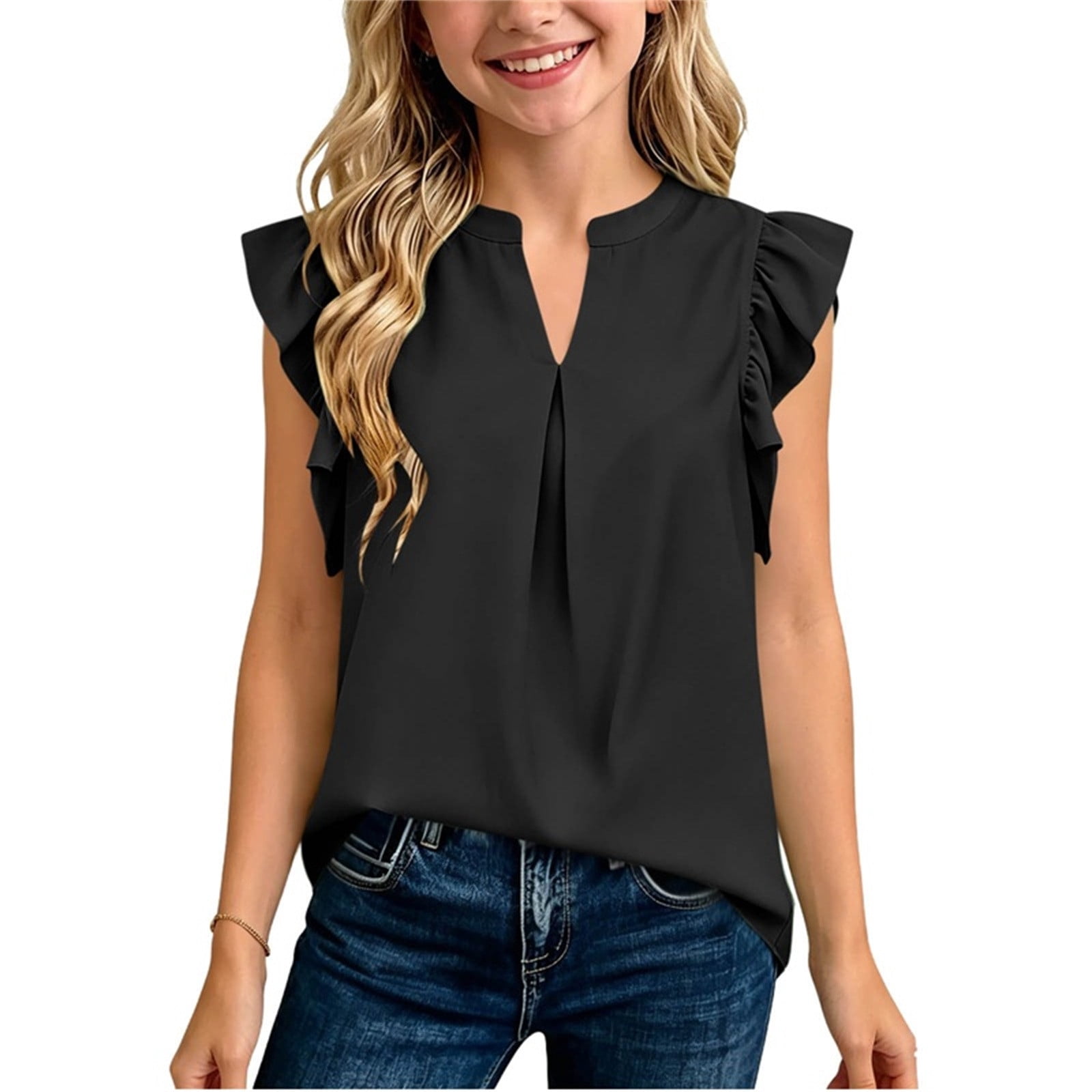 Miluxas Girls' V-Neck Ruffle Sleeve Blouse, Casual Sleeveless Pleated ...