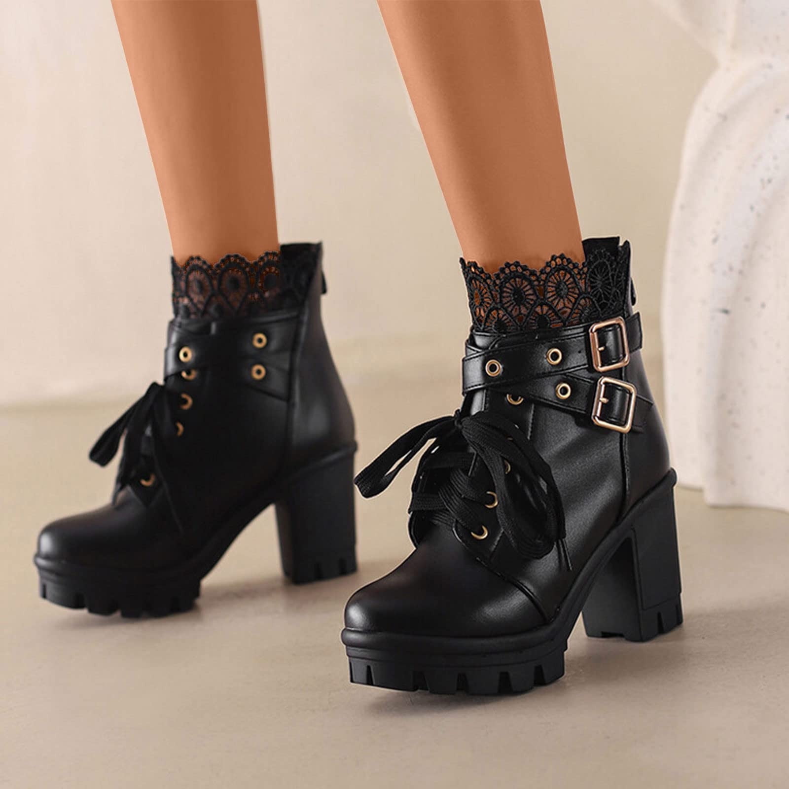 Miluxas High Heels for Women Boots Round Toe Platform Booties Lace Up ...