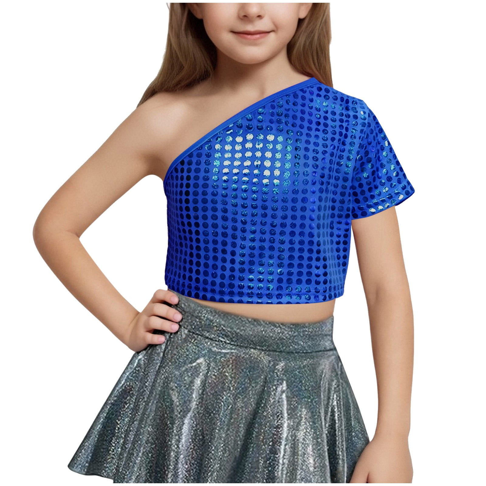 Miluxas Kids Girls Sequins One-Shoulder Dance Crop Tops Stage ...