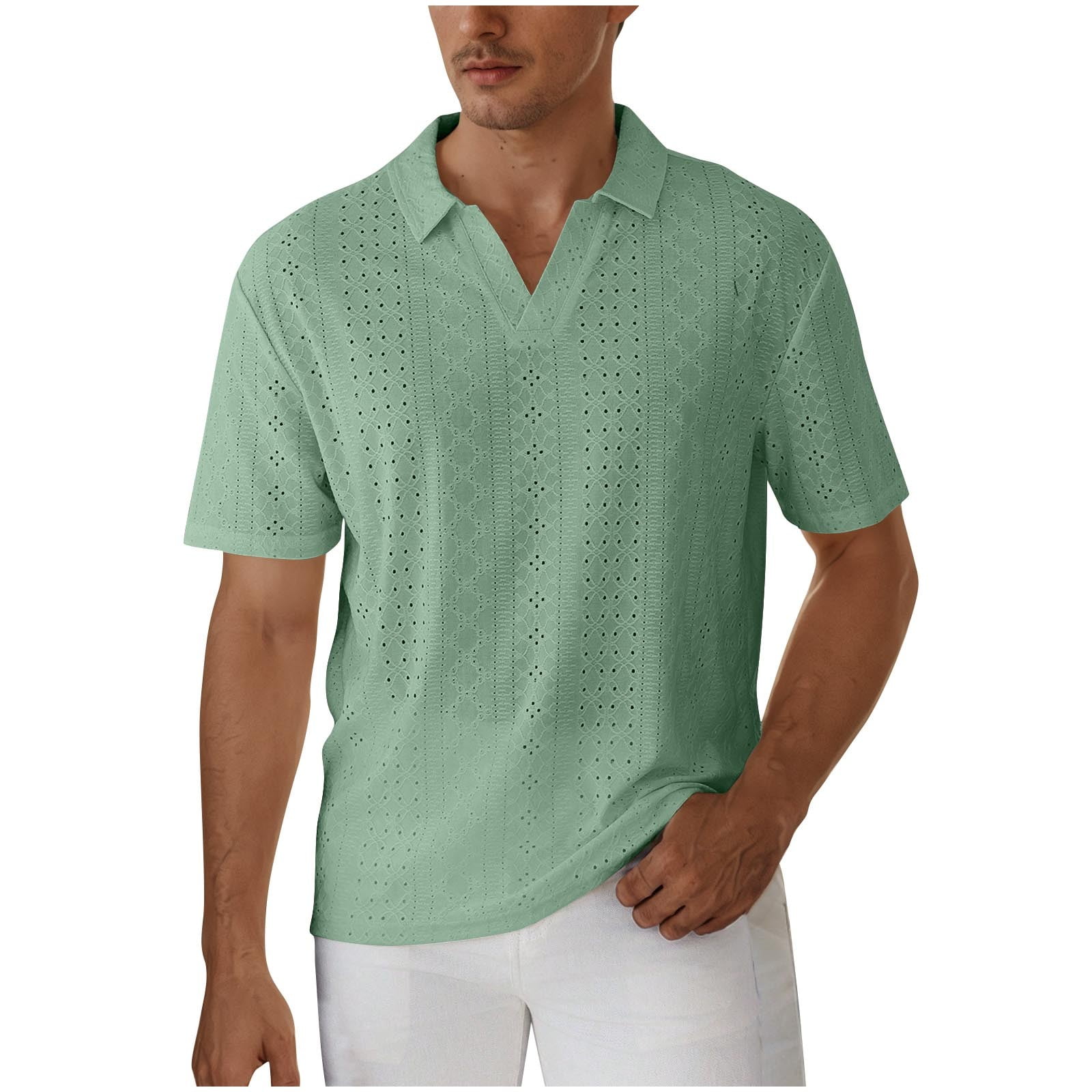 Miluxas Men’s Eyelet Shirt Short Sleeve Hollow Out Shirt Texture Shirts ...