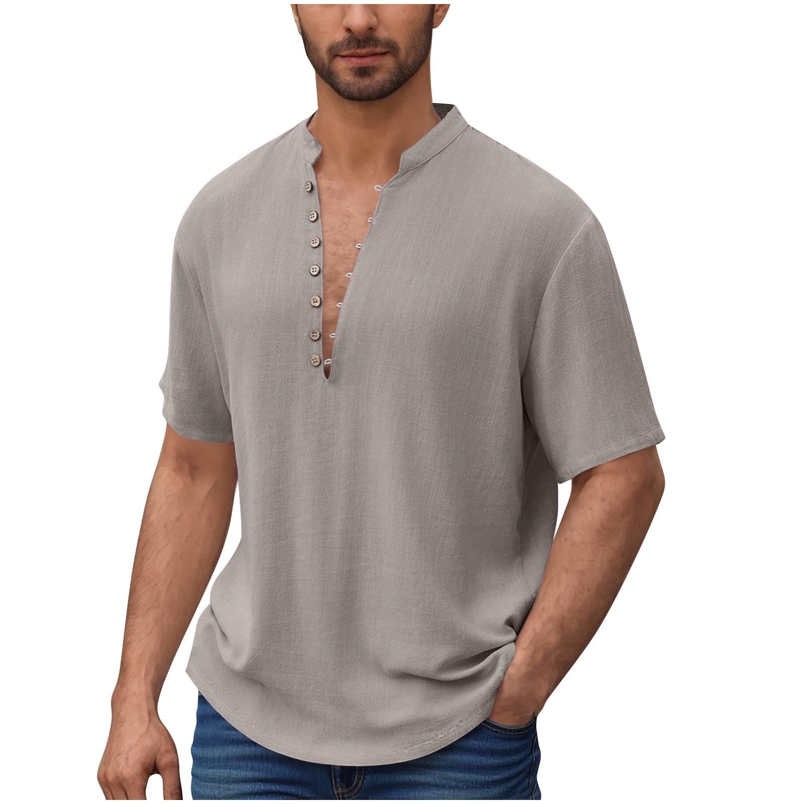 Miluxas Men’s Henley T-Shirts Cotton Linen Short Sleeve Button Down Casual Band Collar Summer ...