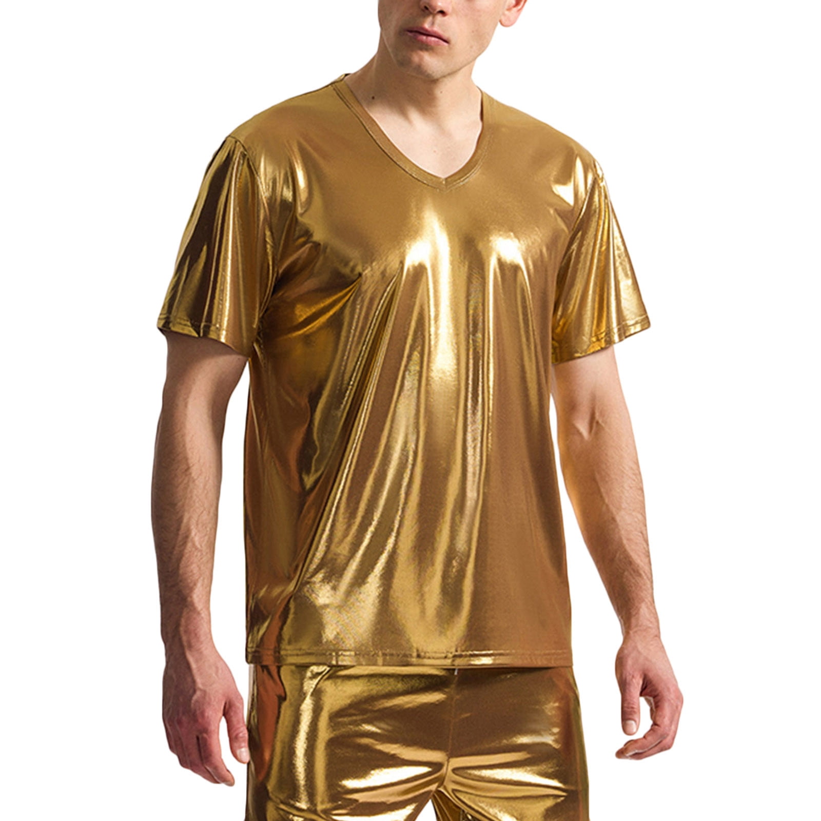 Miluxas Men's Shiny Metallic T-Shirts Short Sleeve Sparkly Shirts Disco ...