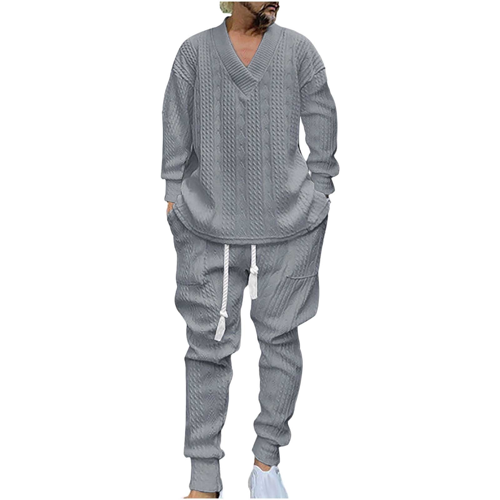 Miluxas Men's two-piece pants V-neck jacquard knitted sweater suit ...