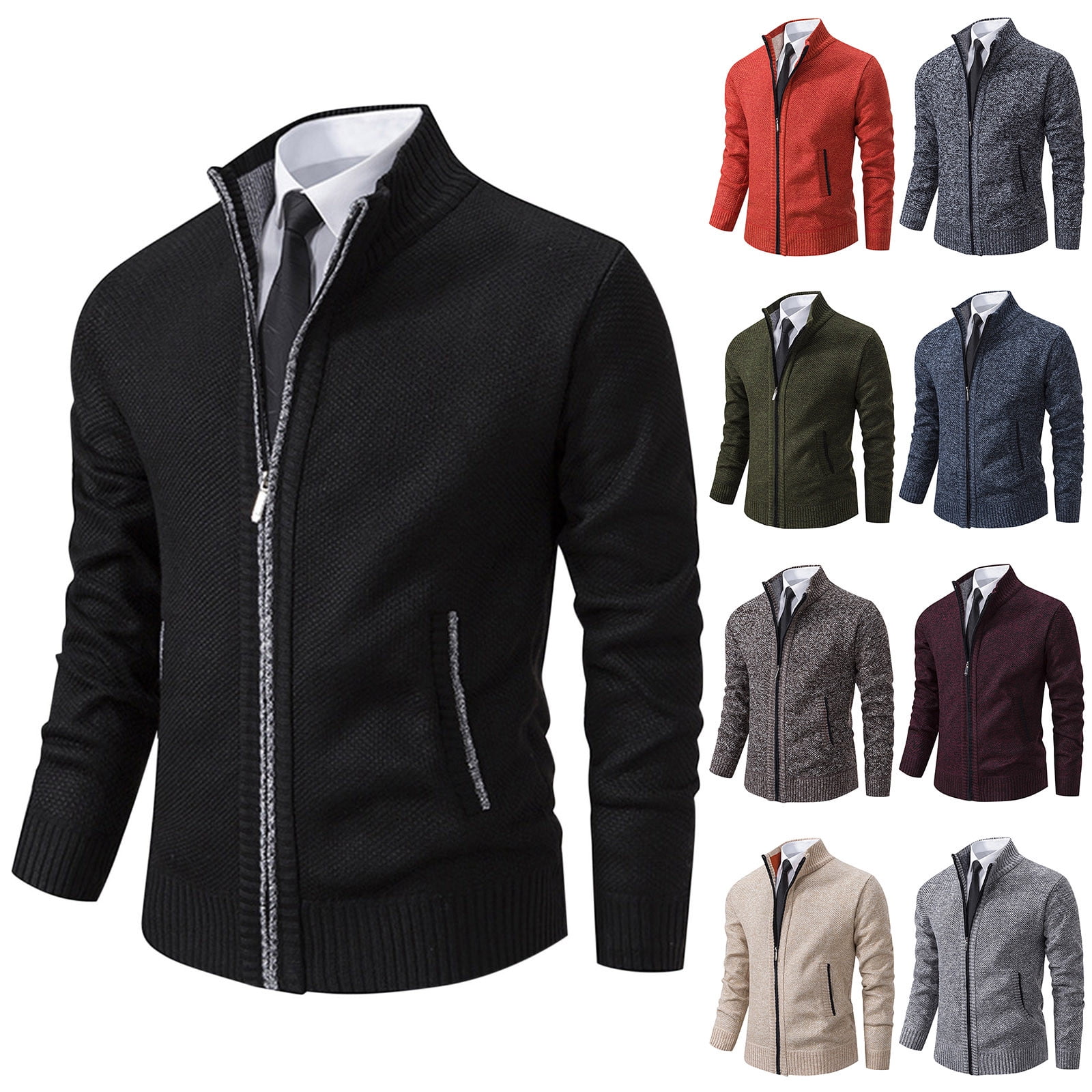 Miluxas Mens Cardigan Sweater Full Zip Up Stand Collar Cardigans Long ...