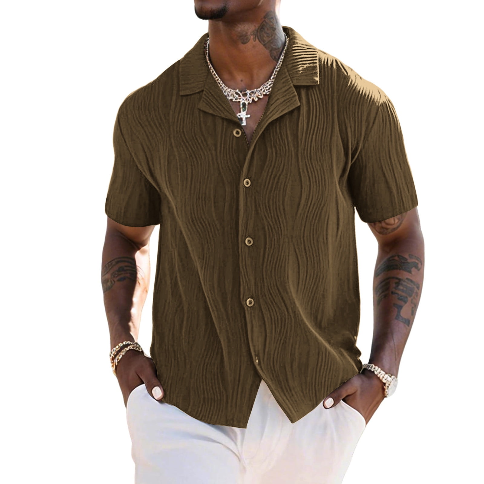 Miluxas Mens Casual Shirts Summer Short Sleeve Textured Shirts Summer ...