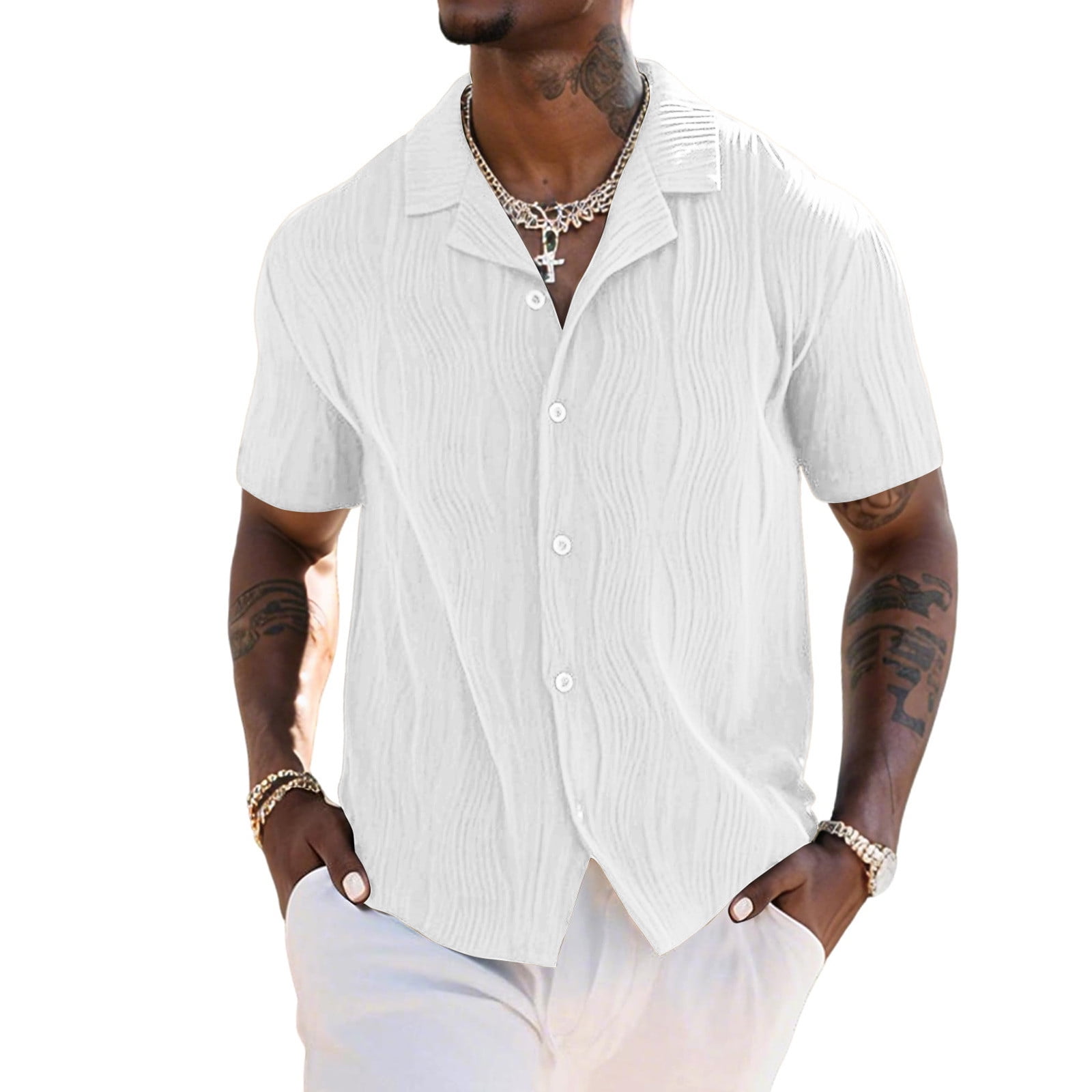 Miluxas Mens Casual Shirts Summer Short Sleeve Textured Shirts Summer ...