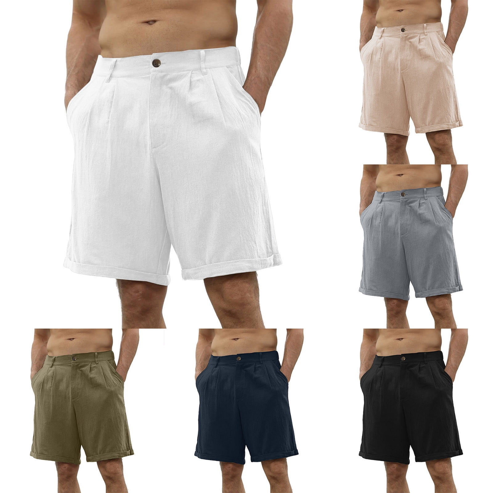 Miluxas Mens Cotton Linen Flat Front Shorts Button Up Closure Regular ...