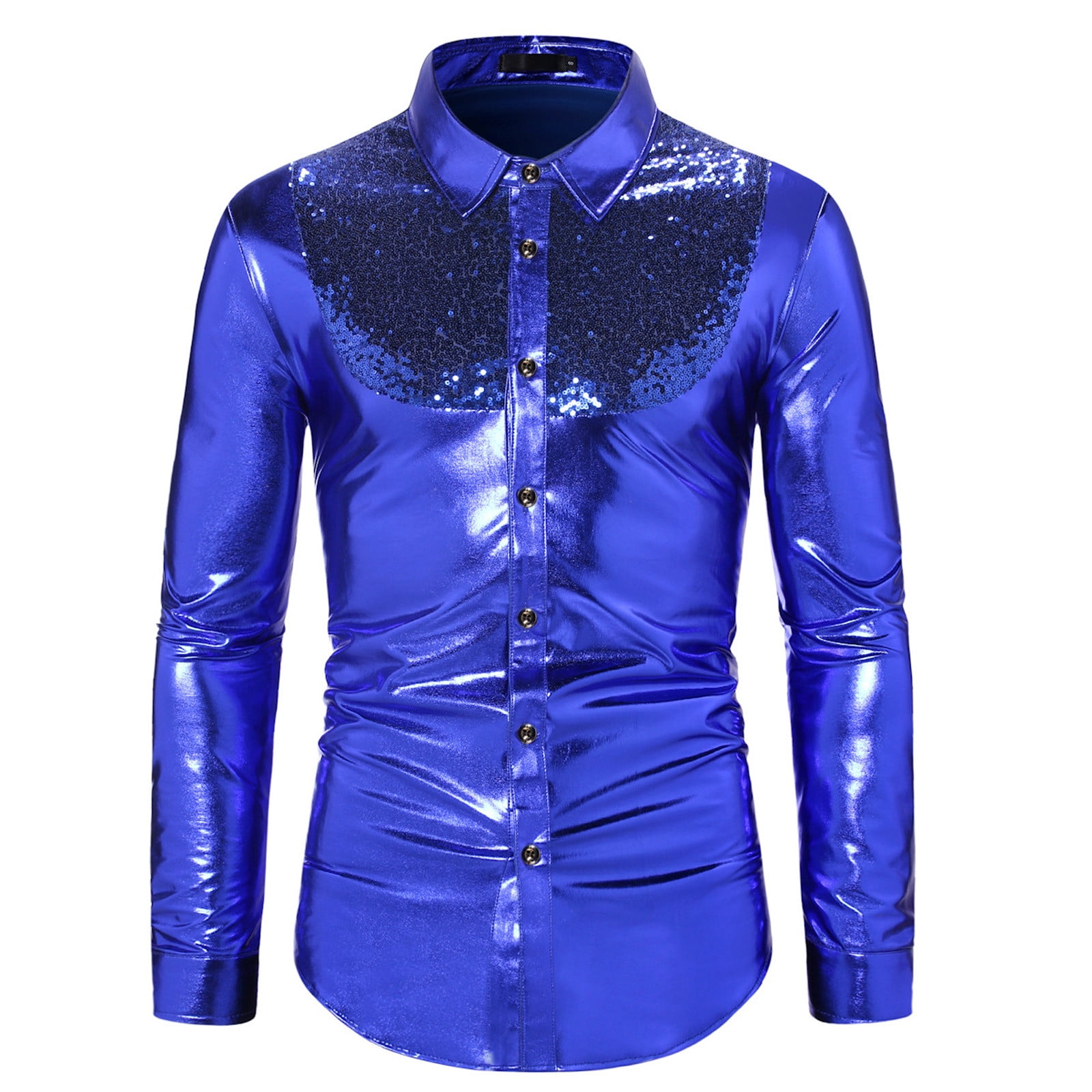 Miluxas Mens Disco Shirt Sequins Satin Shiny Metallic Long Sleeve ...