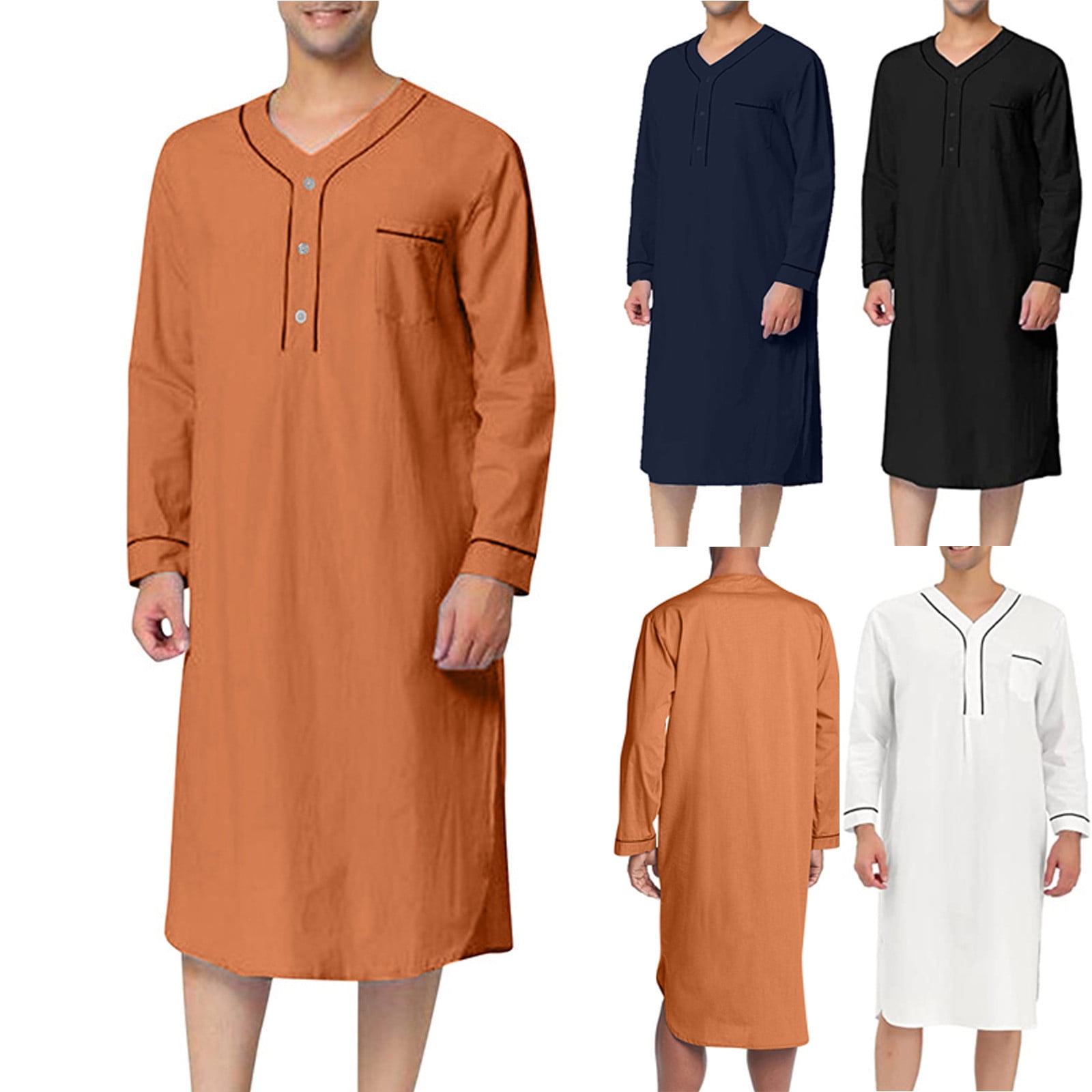 Miluxas Mens Kaftan Thobe V-Neck Half Sleeve Muslim Robe Dubai Long ...