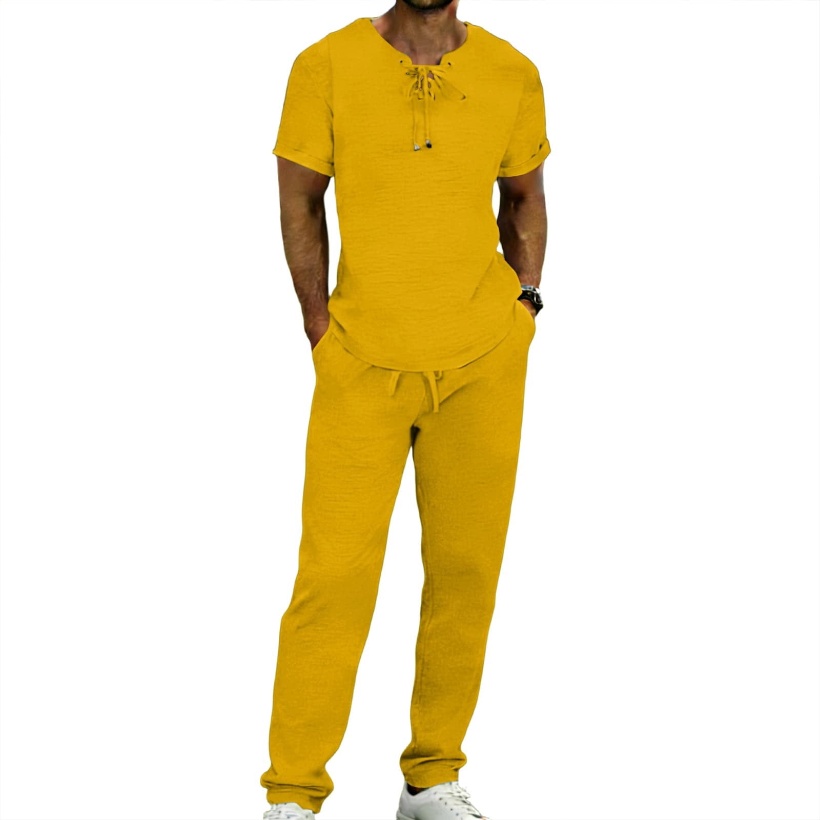Miluxas Mens Lounge Sets Short Sleeve Lace Up Tops and Jogging Pants ...