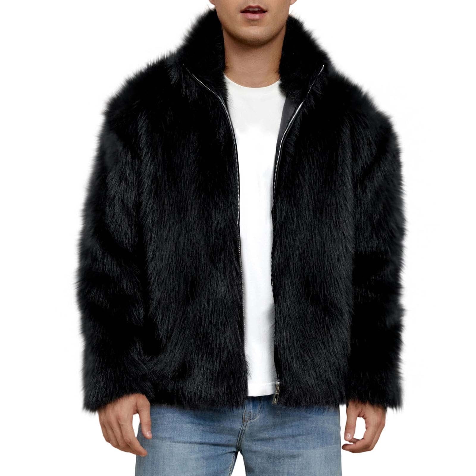 Miluxas Mens Luxury Faux Fur Jacket Fluffy Furry Coats Lapel Collar ...