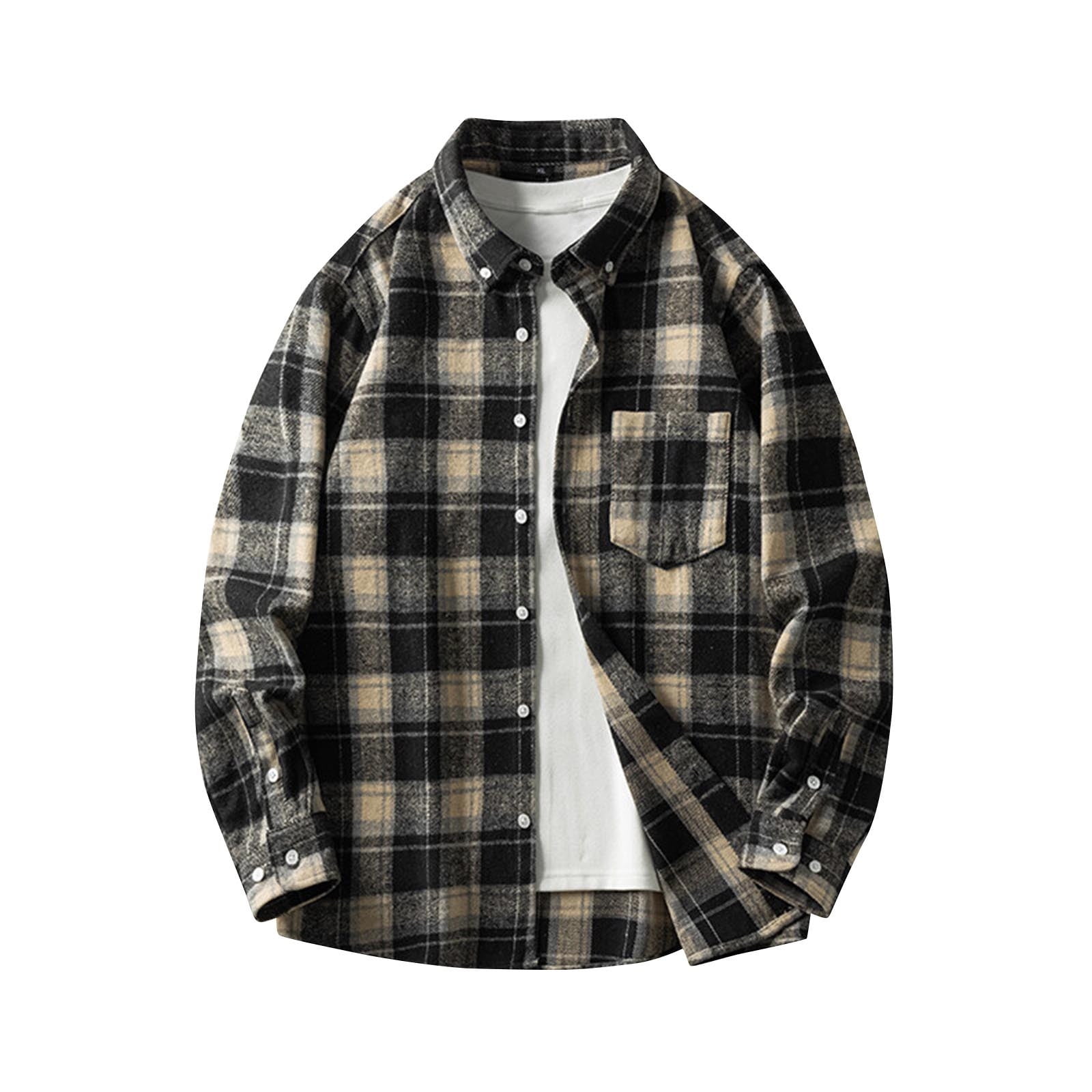 Miluxas Mens Plaid Shirt Loose Youth Chest Pocket Long Sleeve Jacket ...