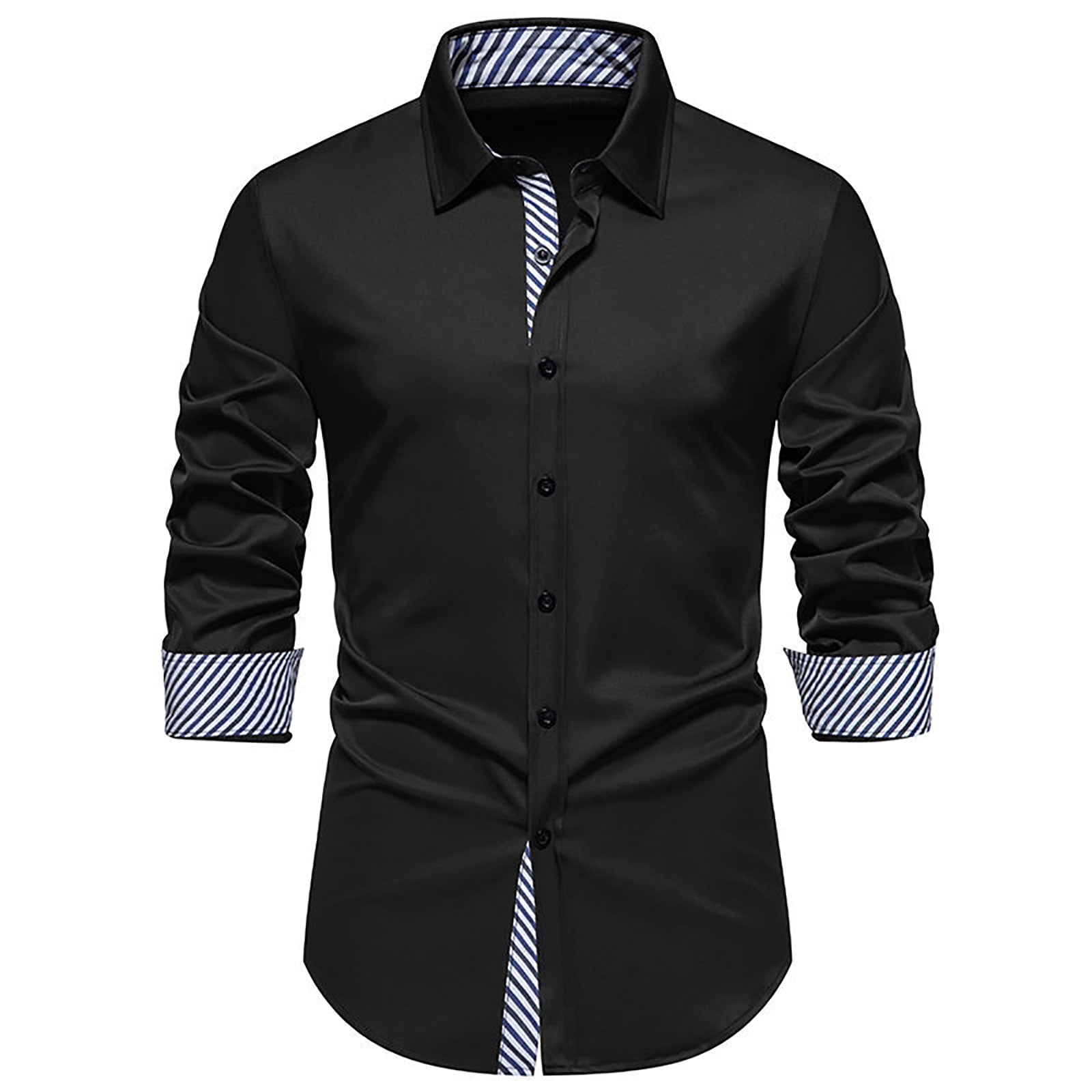 Miluxas Mens Stripe Long Sleeve Shirts Color Block Lapel Button Down ...