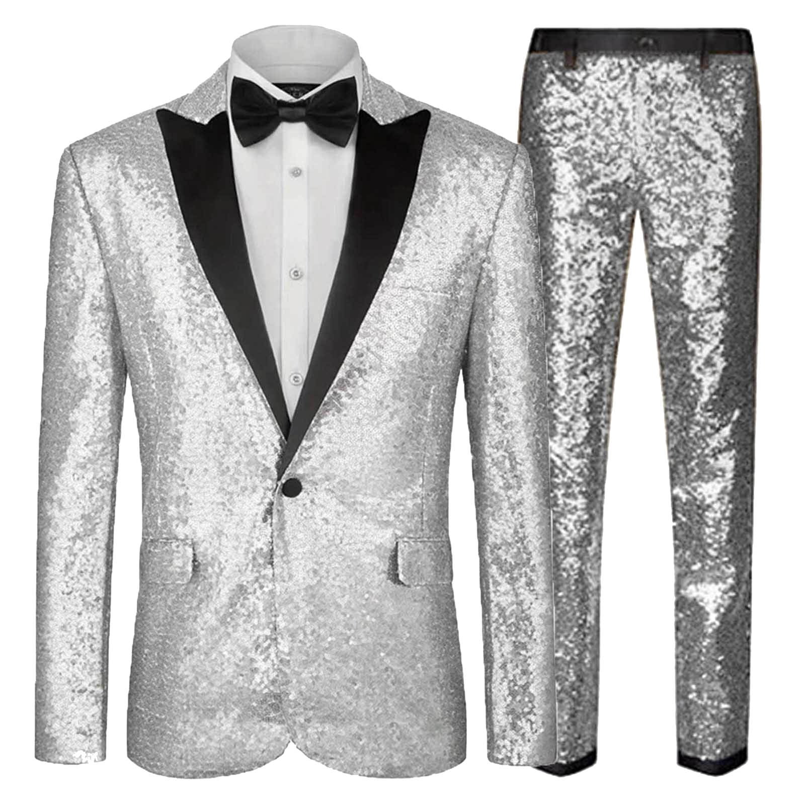 Miluxas Mens Suits Sequin Tuxedo Suit Set Slim Fit 2 Piece Luxurious ...