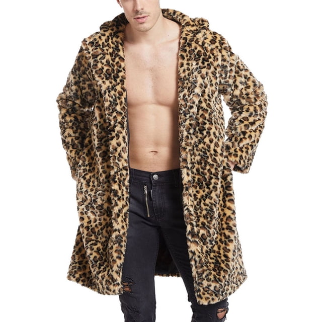 Miluxas Mens Warm Leopard Faux Fur Coats Jacket Long Luxury Overwear ...