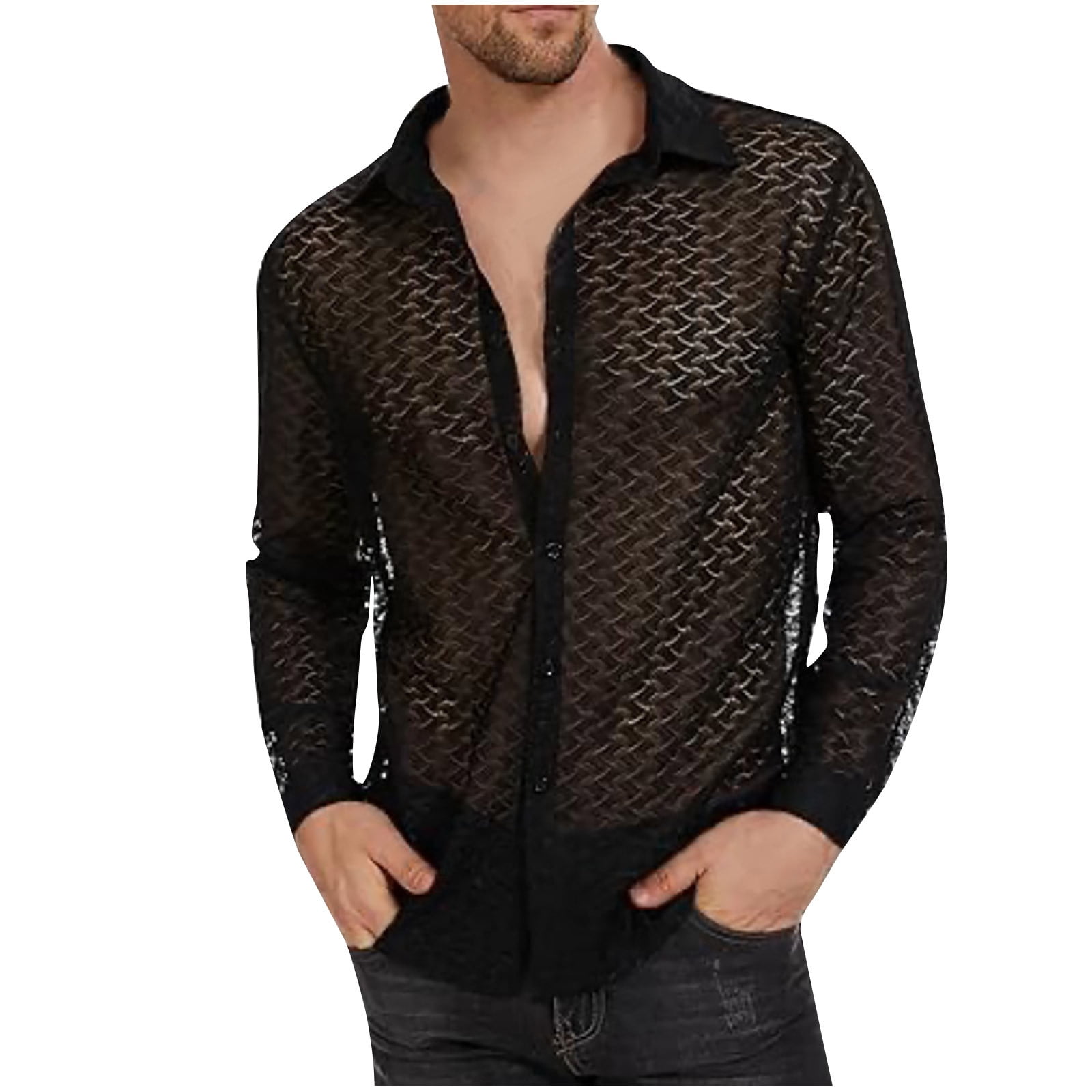 Miluxas Mesh Tops Clearance Men's Sheer Mesh See Through Button Front ...