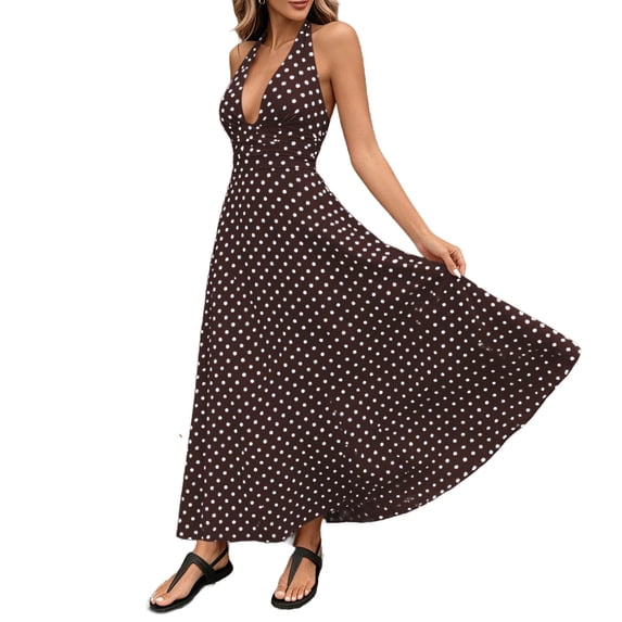 Miluxas Polka Dot Halter V Neck Sleeveless Maxi Dress for Women ...