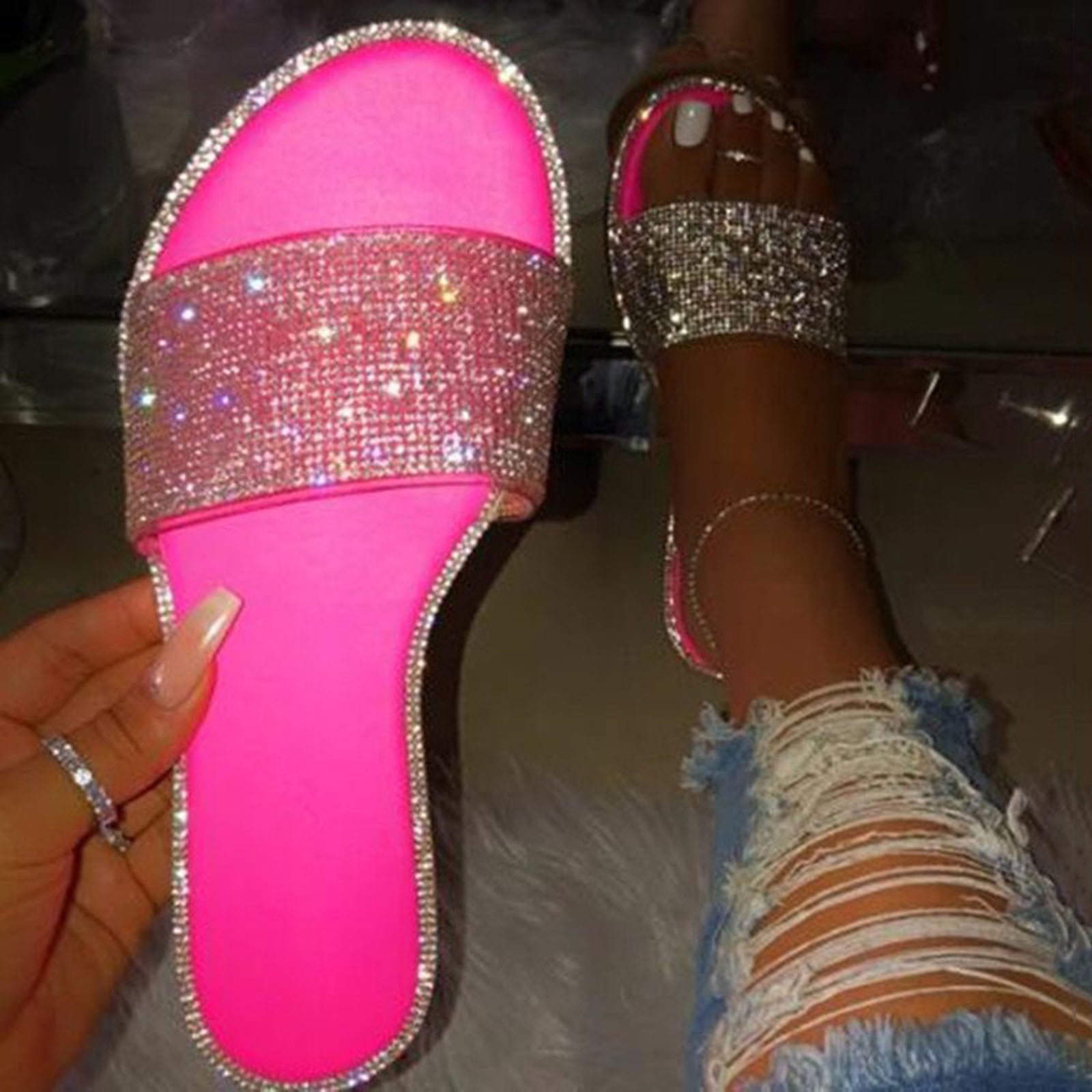 Miluxas Sequin Sandals Summer Women's Rhinestone Sandals Glitter ...