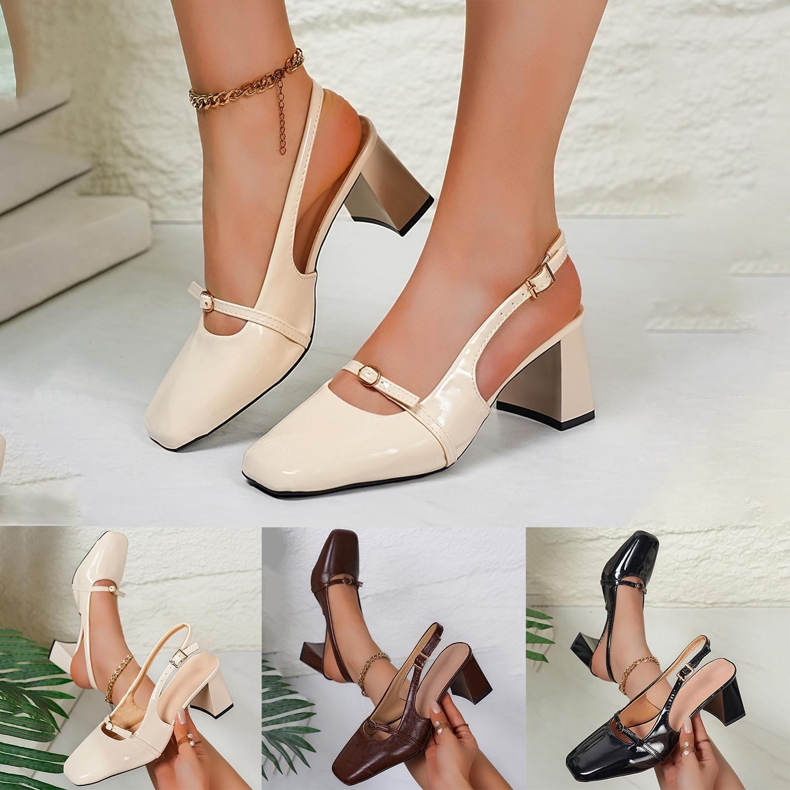 Miluxas Slingback Heels Closed Square Toe Pumps Strappy Low Short ...