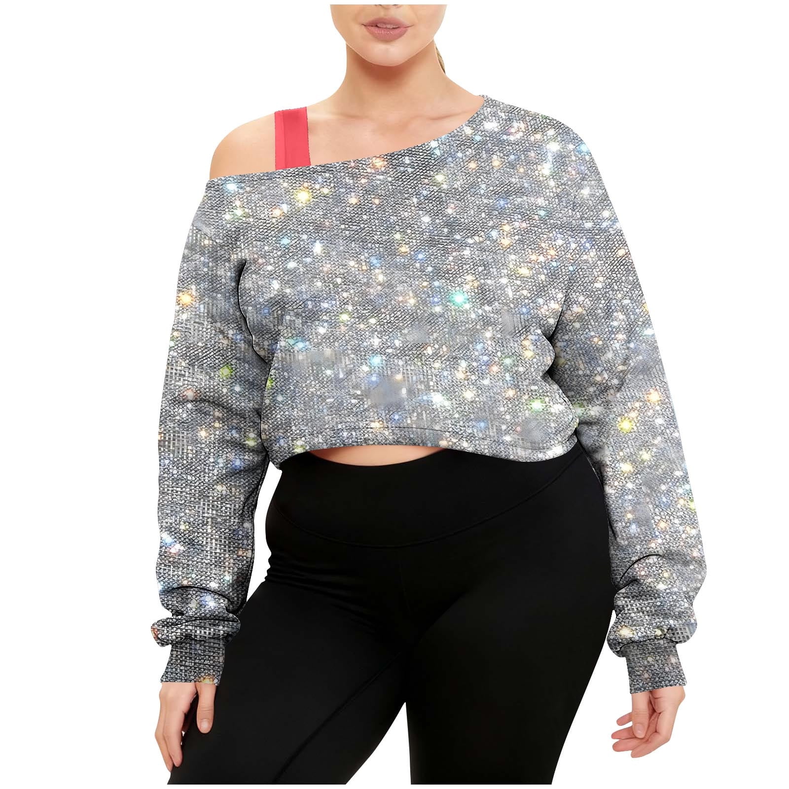 Miluxas Sparkly Sequin Sweatshirt Women's off-Shoulder Long Sleeve ...