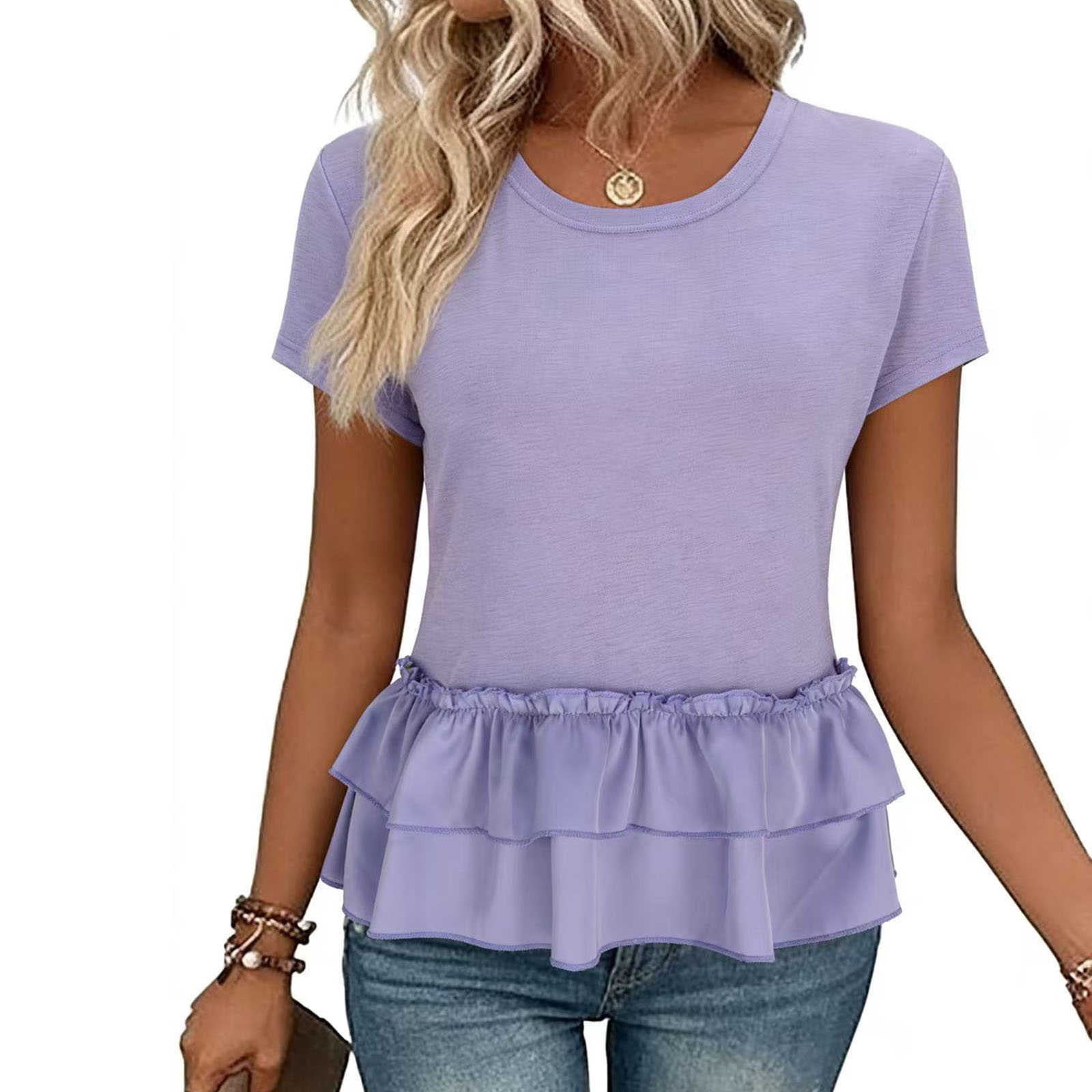 Miluxas Spring Peplum Tops for Women Babydoll Pleated Short Sleeve Crop ...