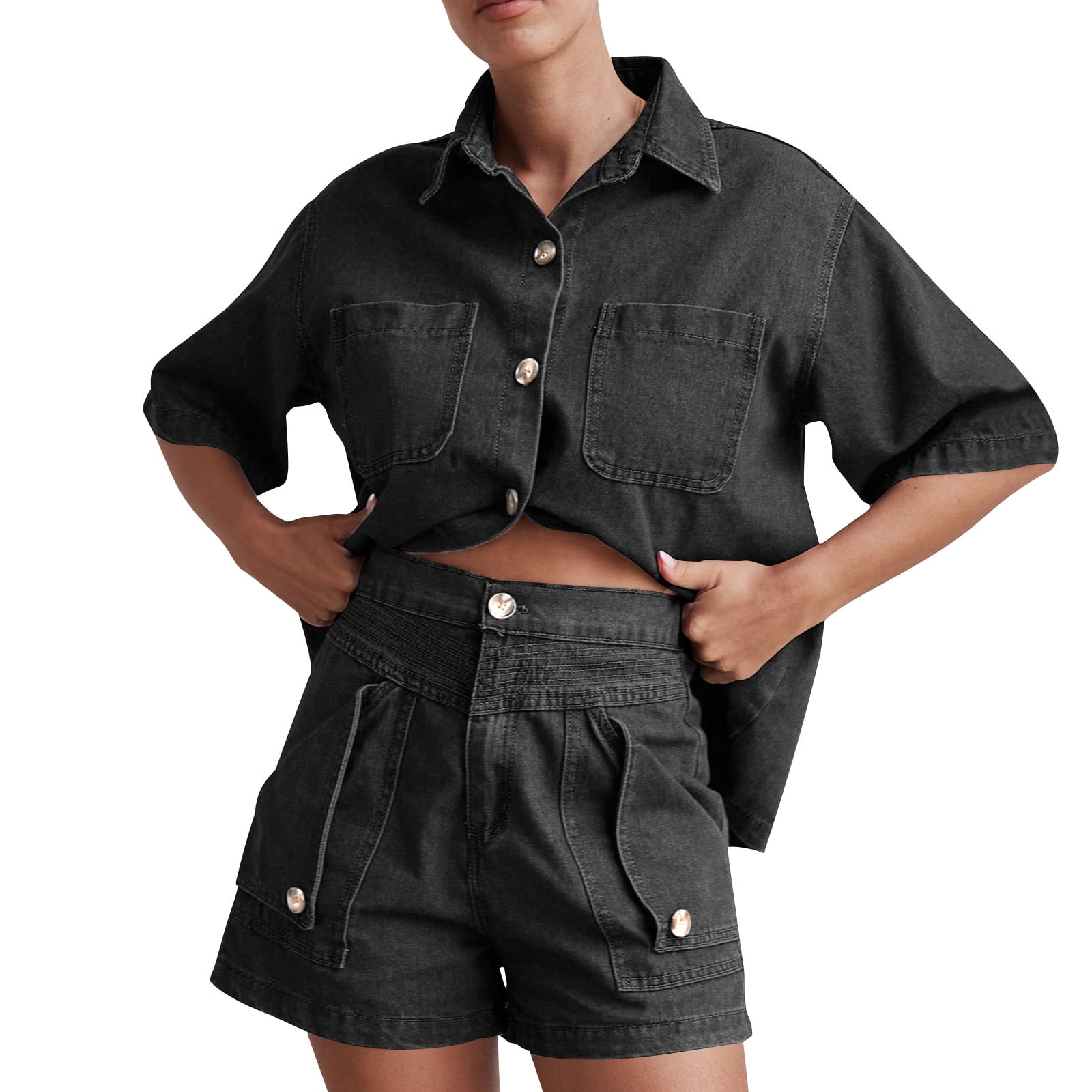 Miluxas Summer Denim Short Set for Women 2 Piece Button Down Shirt and ...