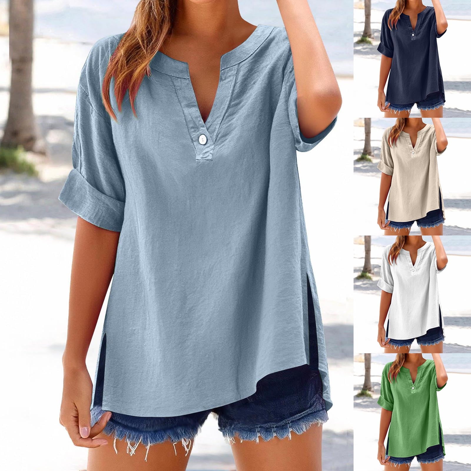 Miluxas Summer Linen Tops for Women Trendy Roll Up Short Sleeve Tshirts ...
