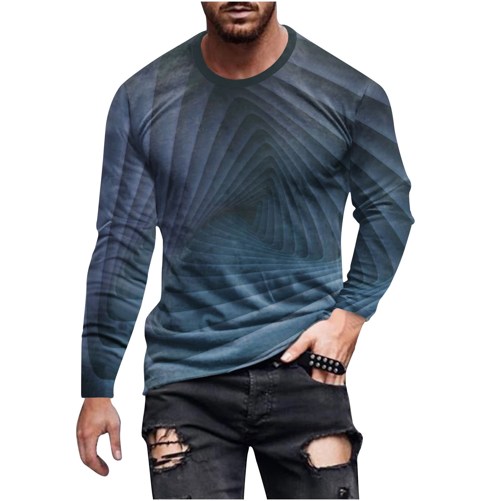 Miluxas T-Shirts for Men's Long Sleeves 3D Print Round-Neck Slim Sport ...