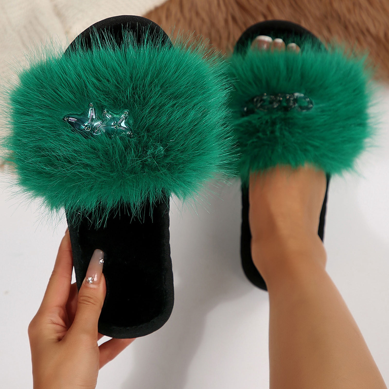 Miluxas Women Fluffy Slippers Open Toe Flat Slide Sandals Outdoor ...