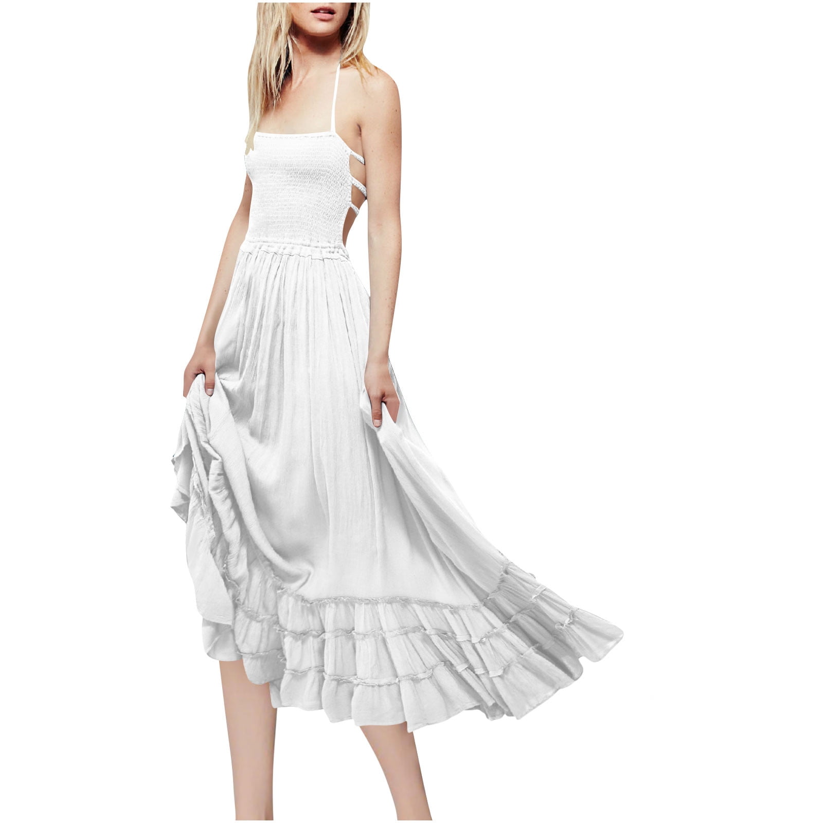 Miluxas Women Halter Backless Flowy Maxi Dress, Fashion Pleated Ruffle ...