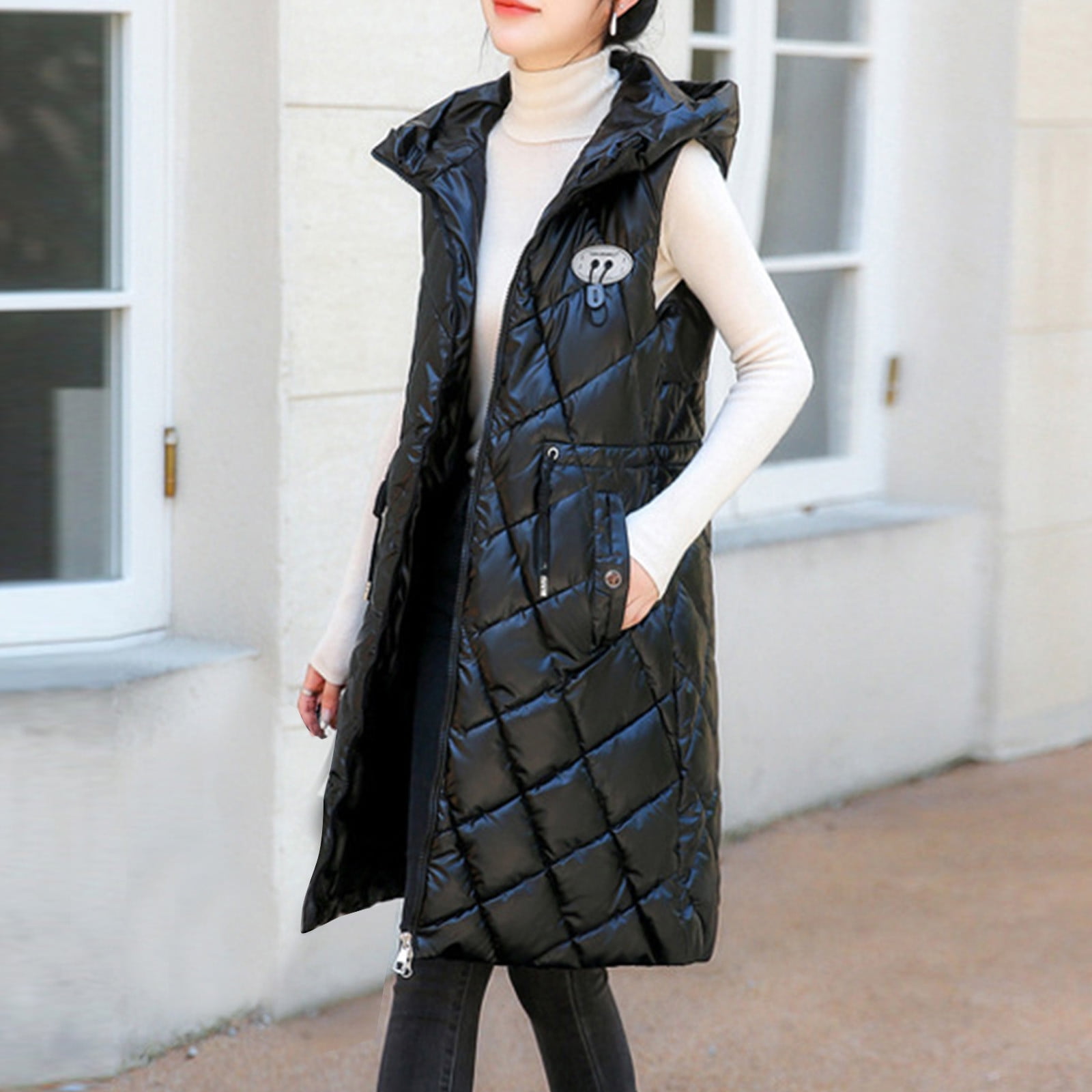 Miluxas Women Sleeveless Hooded Long Winter Vest, Black, Solid ...