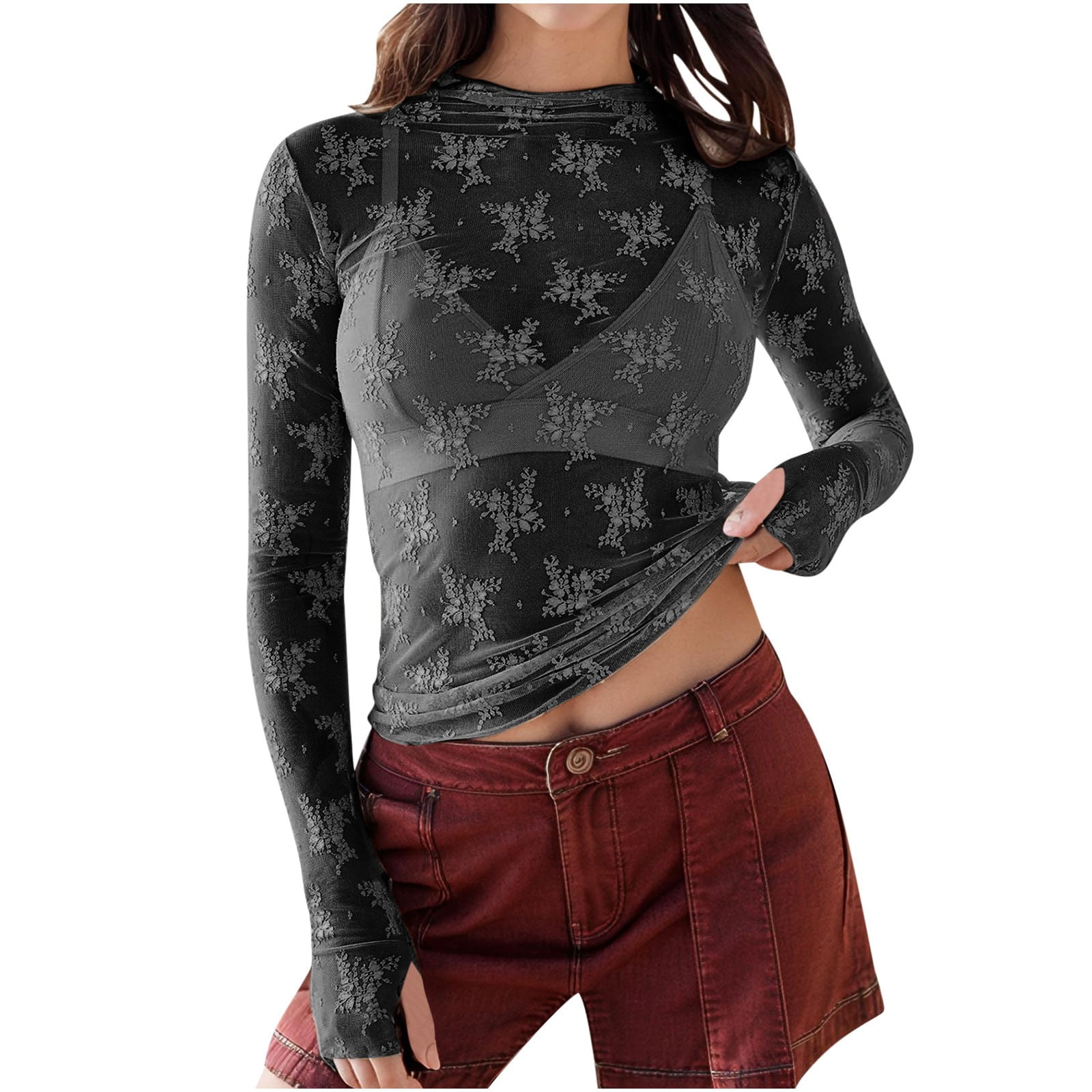 Miluxas Women Mesh Top Clearance Long Sleeve Layering Top Mock Neck ...