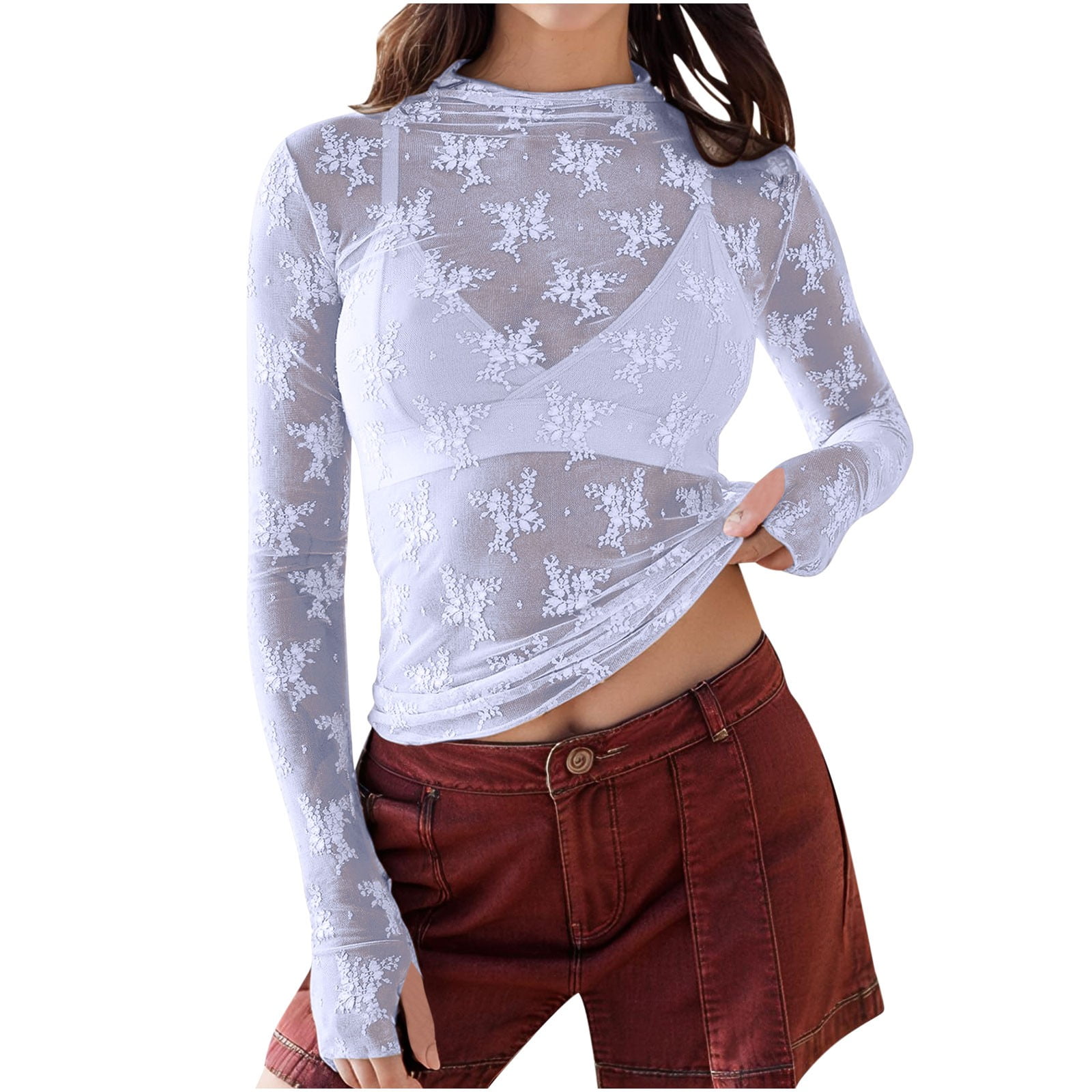 Miluxas Women Mesh Top Clearance Long Sleeve Layering Top Mock Neck ...