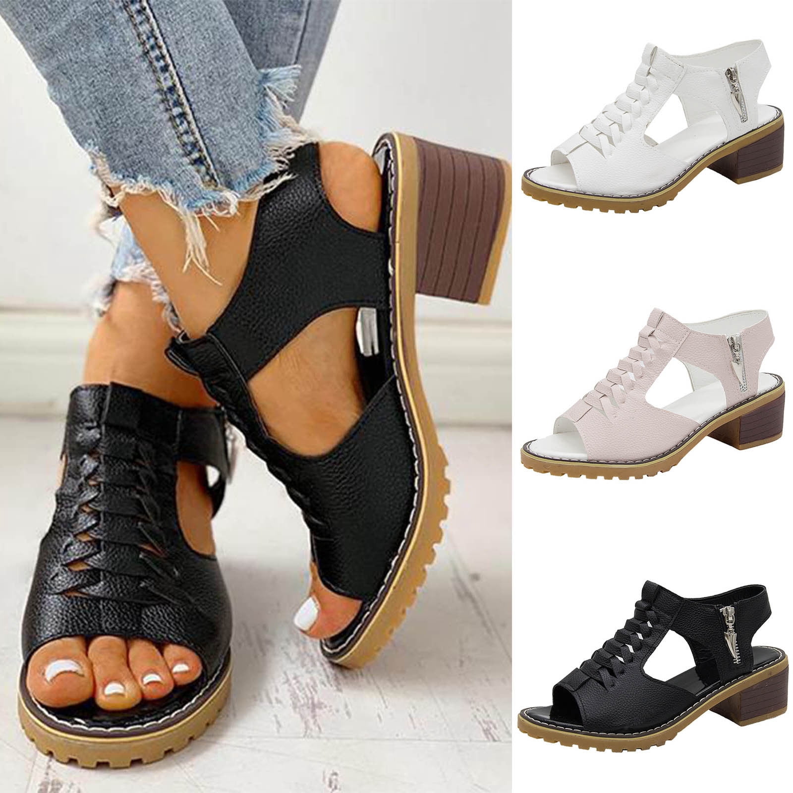Miluxas Women Peep Toe Cutout Orthotic Sandals ,Zipper Chunky Heeled ...