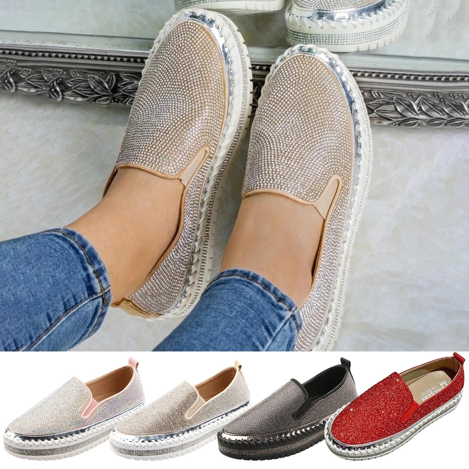 Miluxas Women Rhinestone Platform Loafers Clearance,Glitter Fashion ...