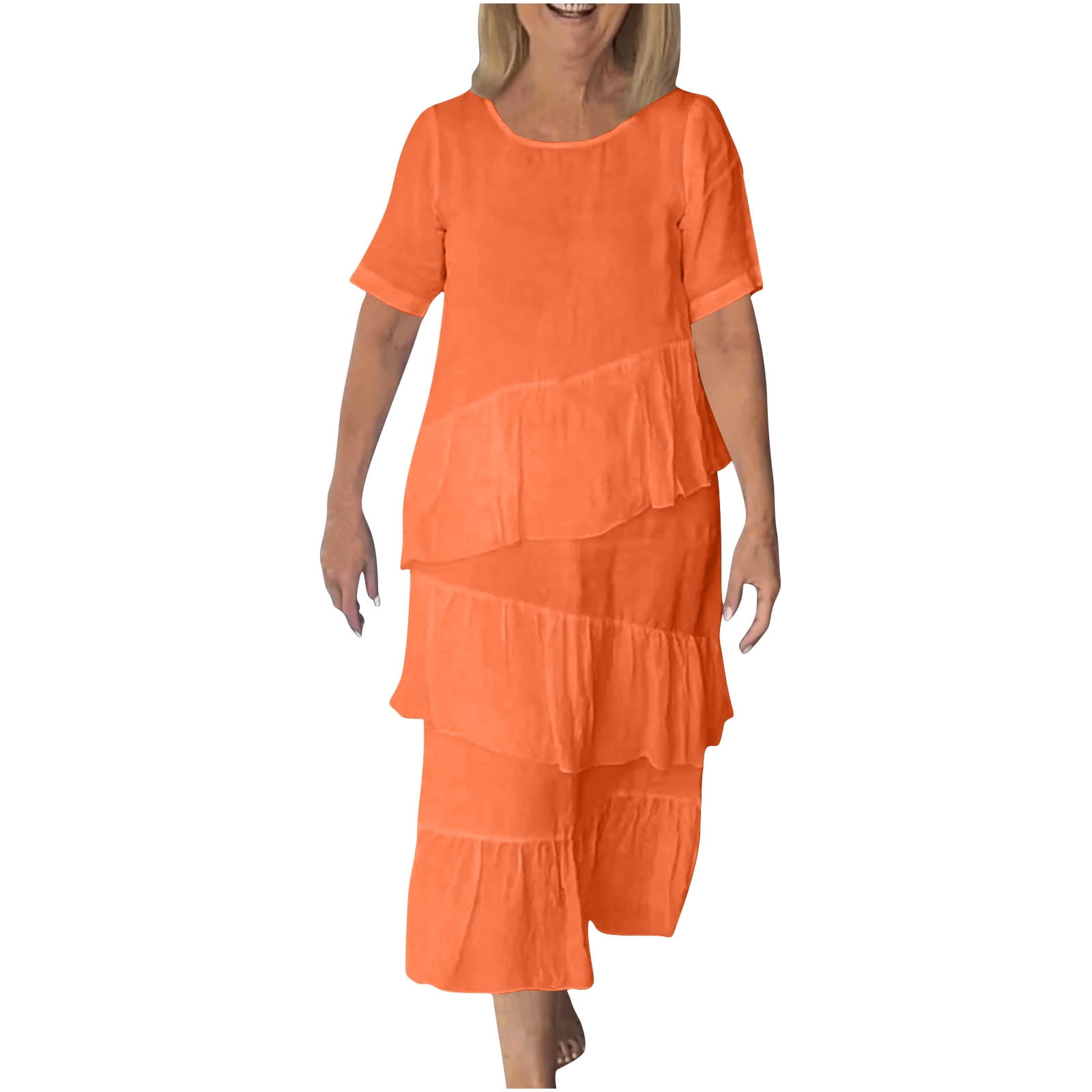 Miluxas Women Short Sleeve Irregular Ruffle Dress Summer Flowy Cotton ...