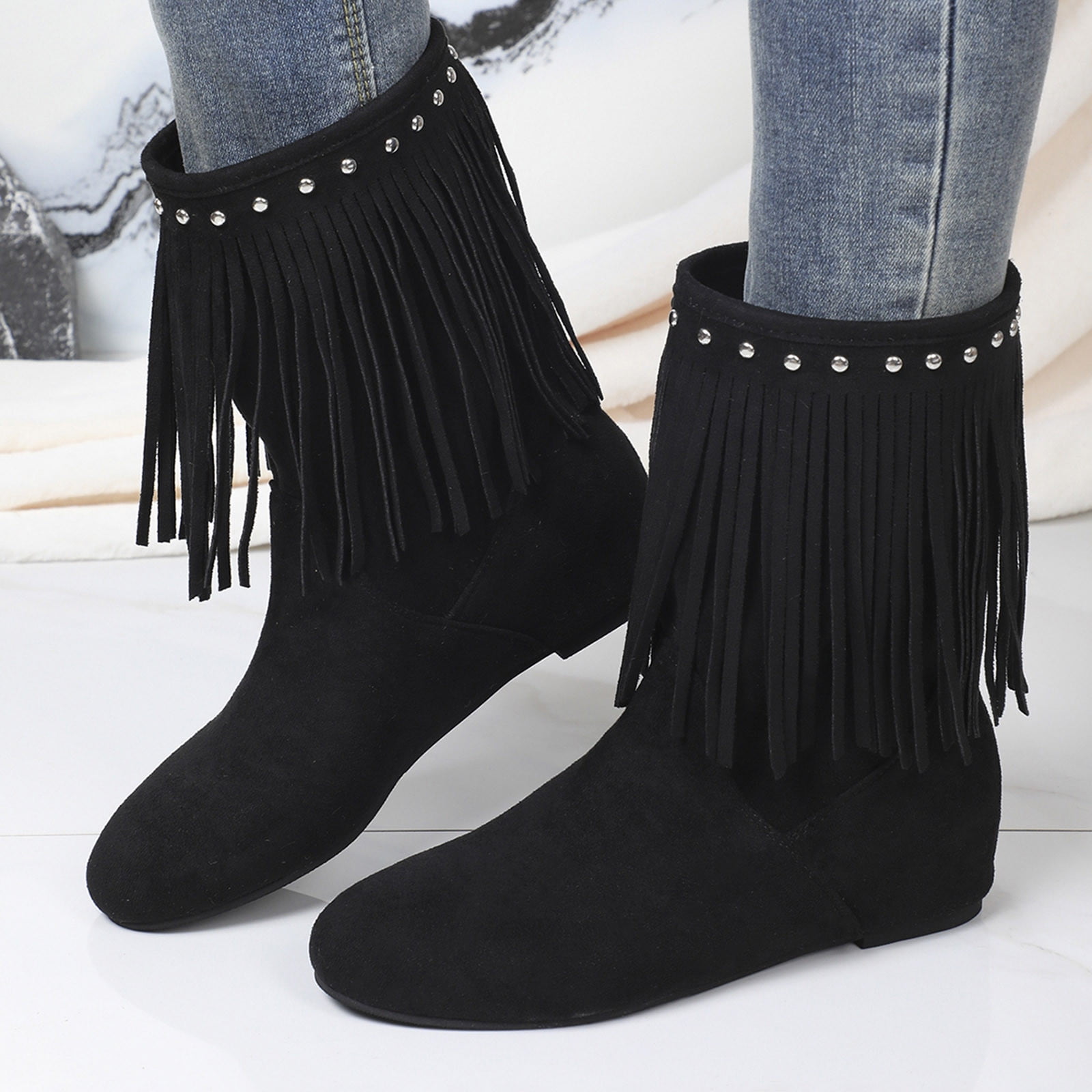 Miluxas 2025 Clearance! Women Tassel Western Booties Clearance Chunky ...