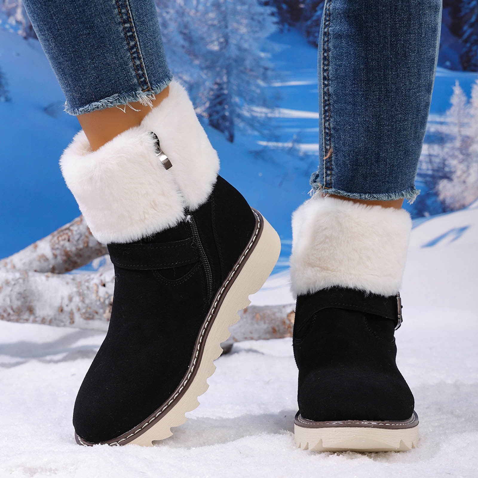 Miluxas Women Winter Suede Ankle Boots Platforms Plush Chunky Block ...