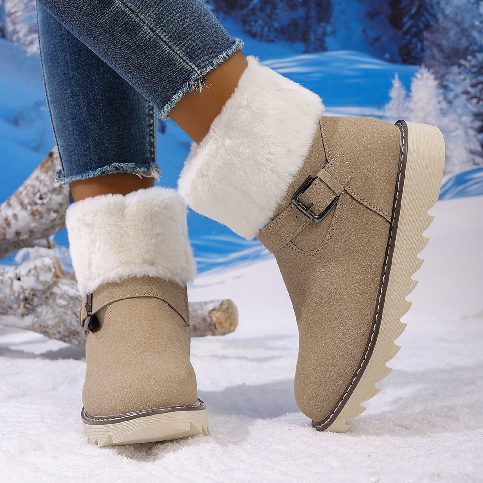 Miluxas Women Winter Suede Ankle Boots Platforms Plush Chunky Block ...