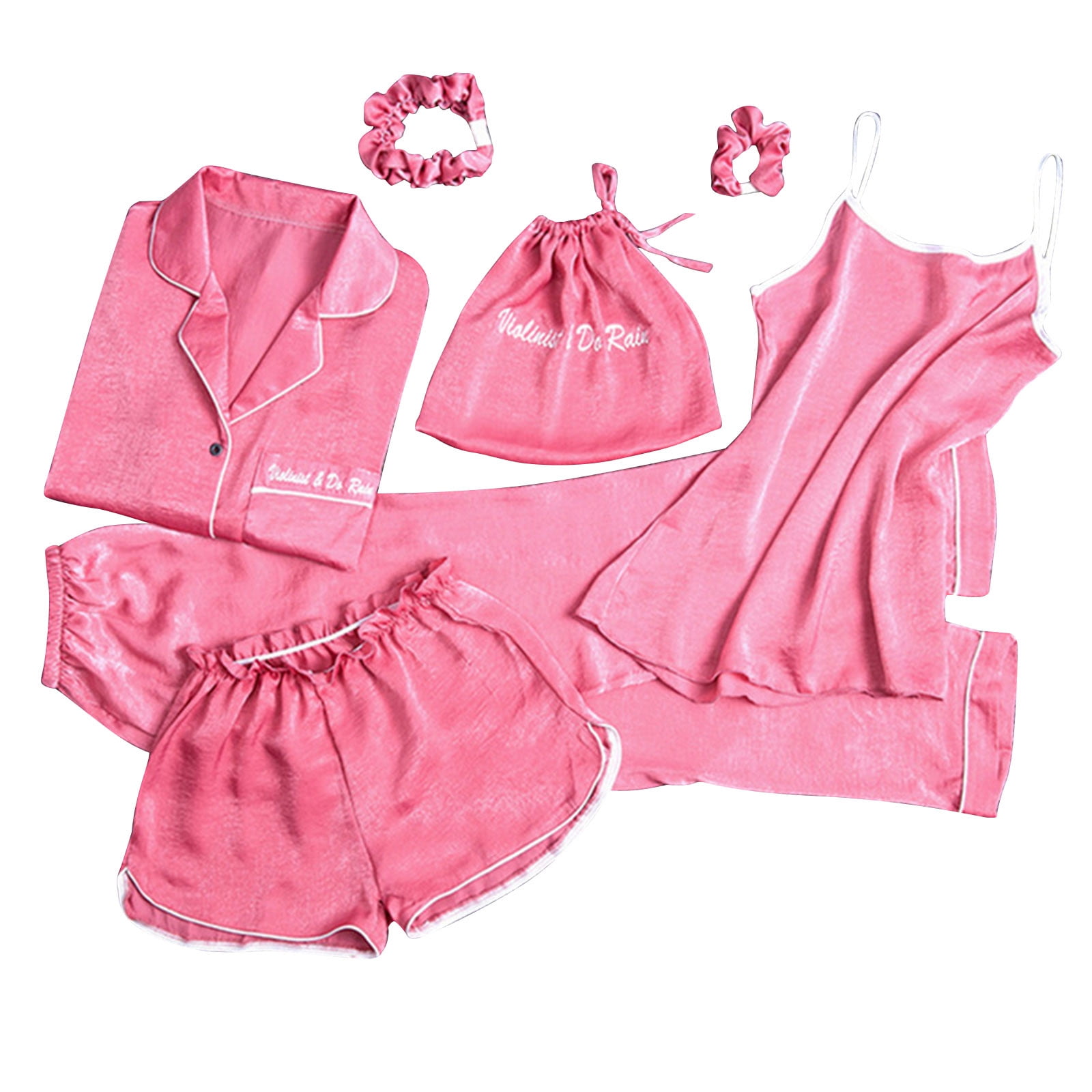 Miluxas Womens 7pcs Silk Satin Pajamas Set Clearance Sleepwear With