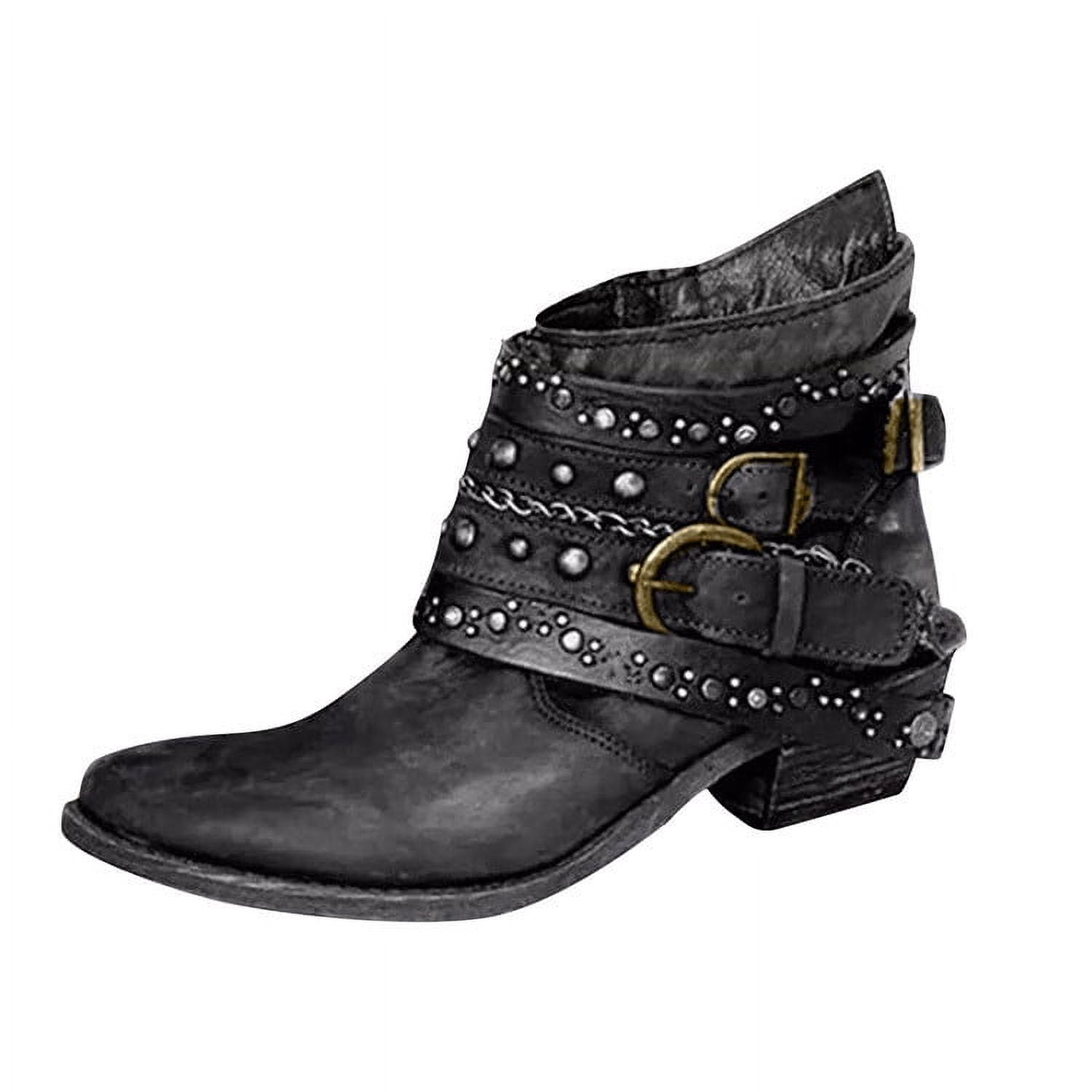 Miluxas Women's Ankle Boots Western Rivet Buckle Booties Texture ...