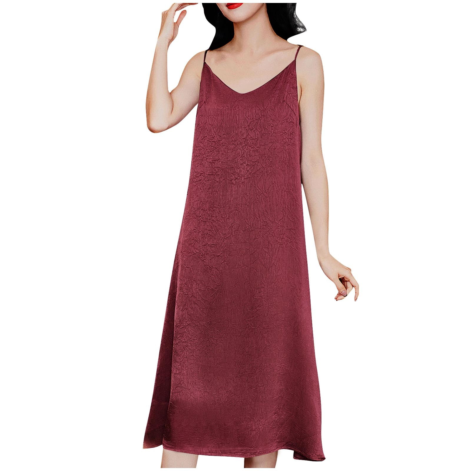Miluxas Women's Basic Satin Silky Full Slip Midi Loose Dress with V ...