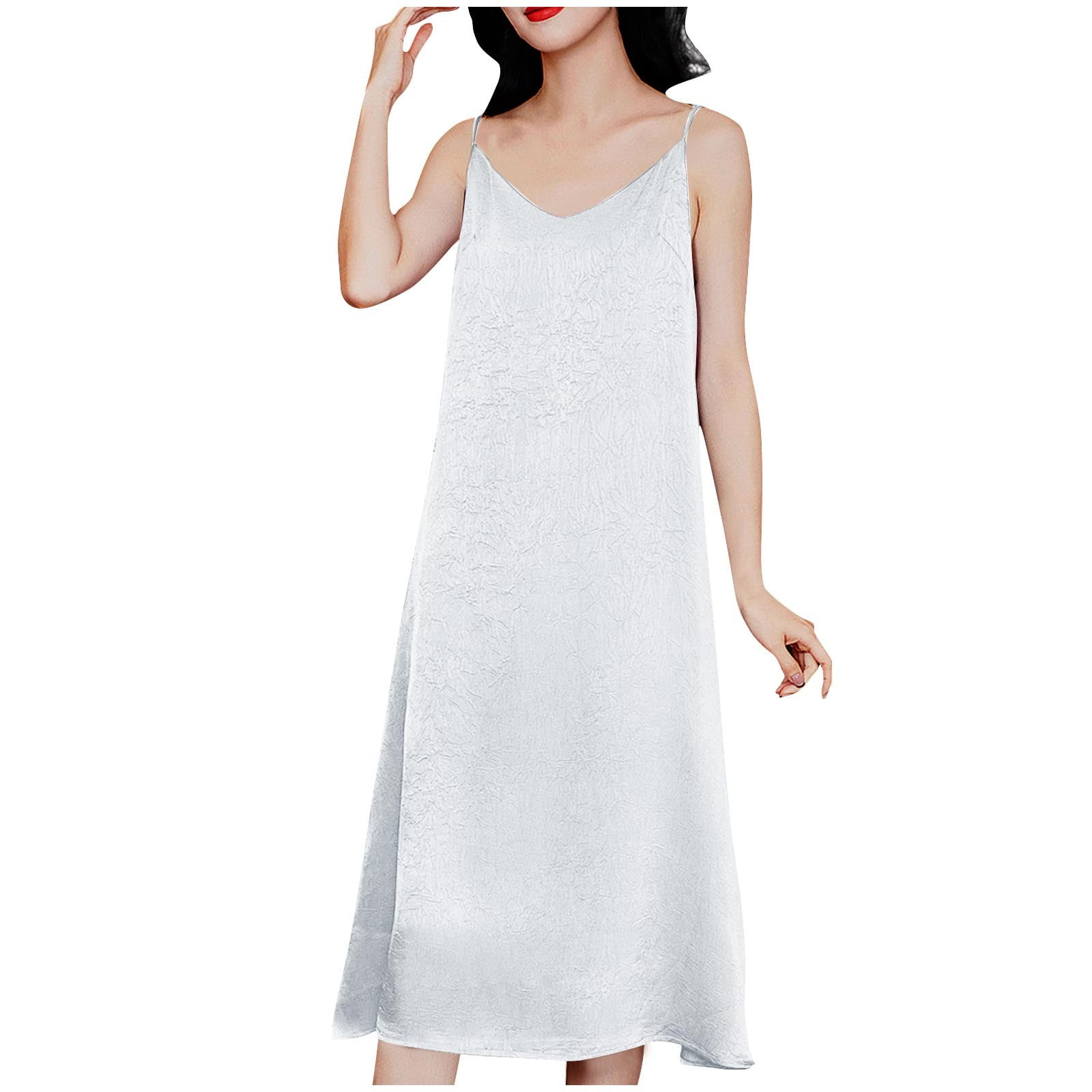 Miluxas Women's Basic Satin Silky Full Slip Midi Loose Dress with V ...