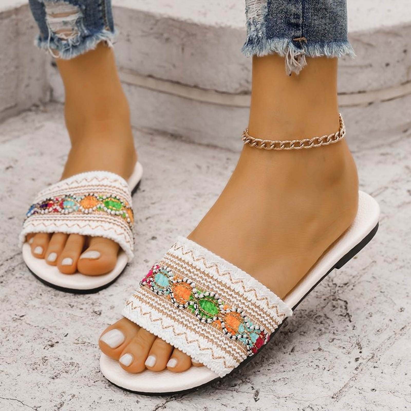 Miluxas Women's Boho Embroidery Flat Sandals Square Open Toe Dressy ...