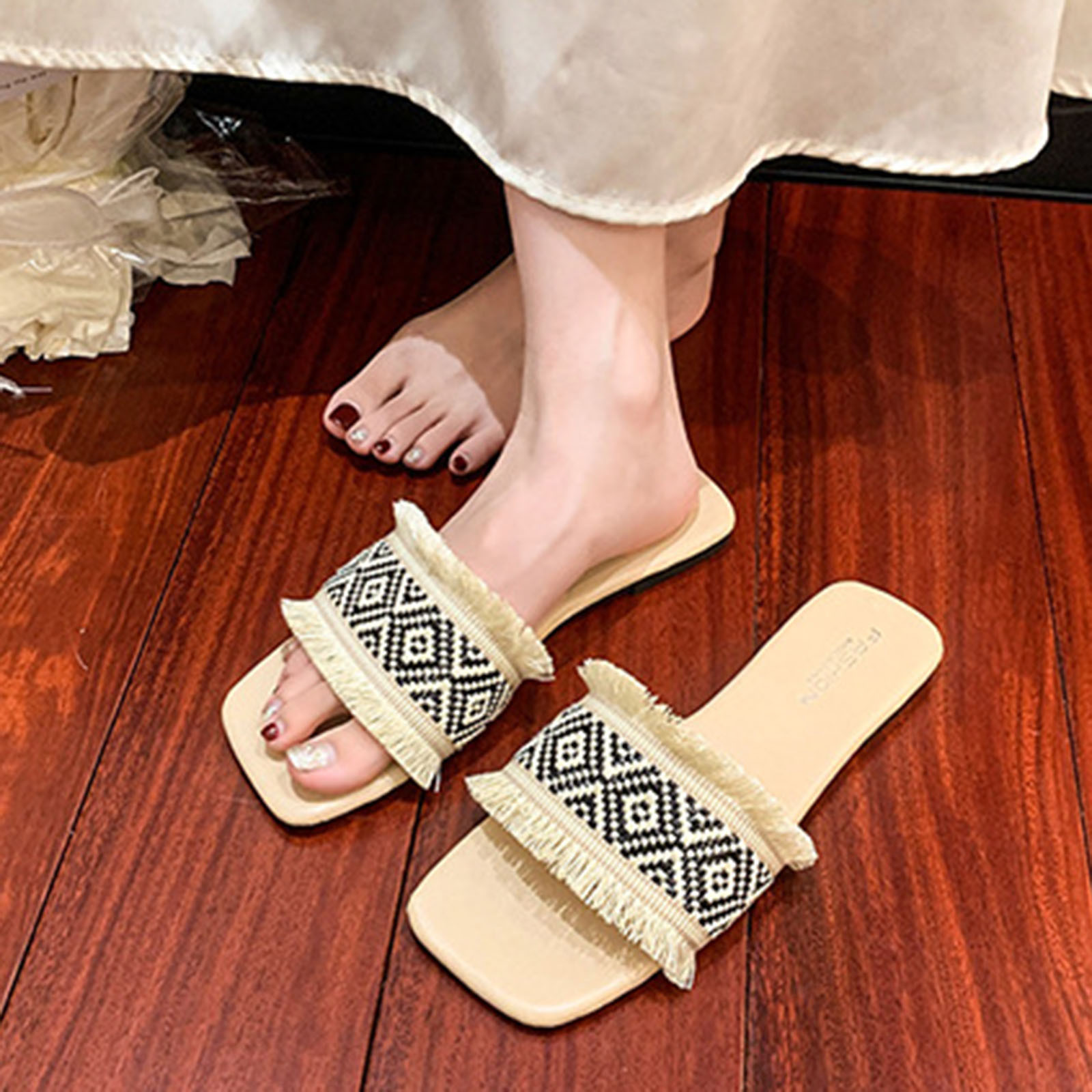 Miluxas Women's Boho Woven Fringe Leather Sandals Square Toe Slip on ...