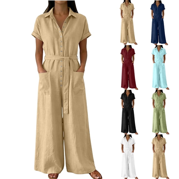 Miluxas Women's Collared V Neck Short Sleeve Jumpsuits Button Down ...