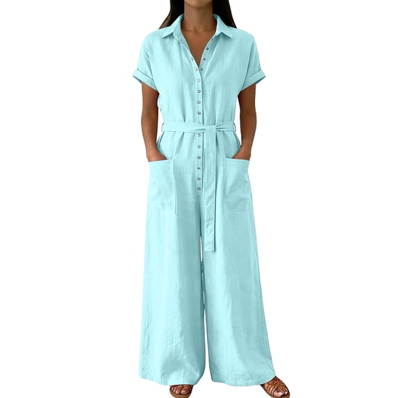 Miluxas Women's Collared V Neck Short Sleeve Jumpsuits Button Down ...