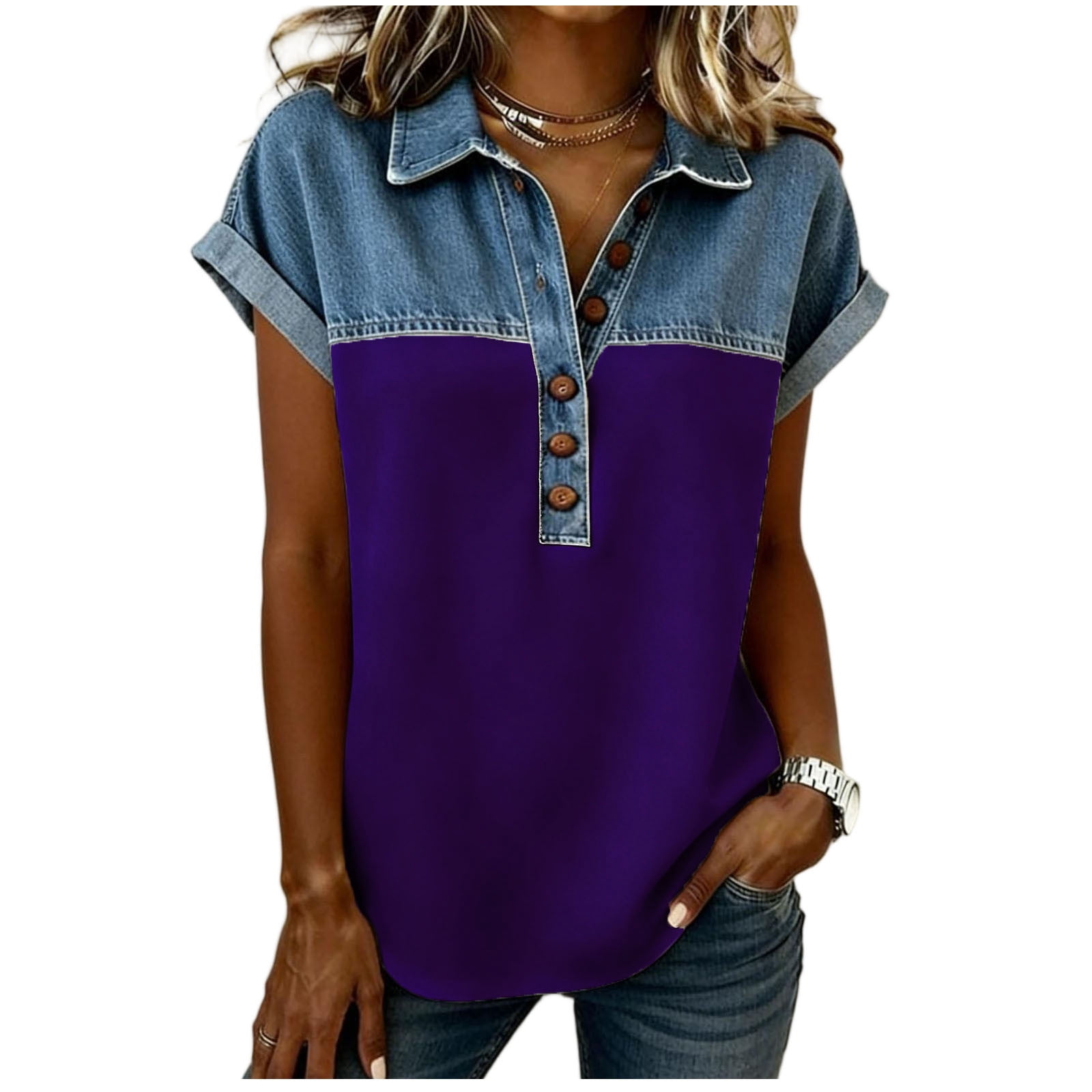 Miluxas Women's Color Block Henley Shirt Denim Patchwork Half Button ...