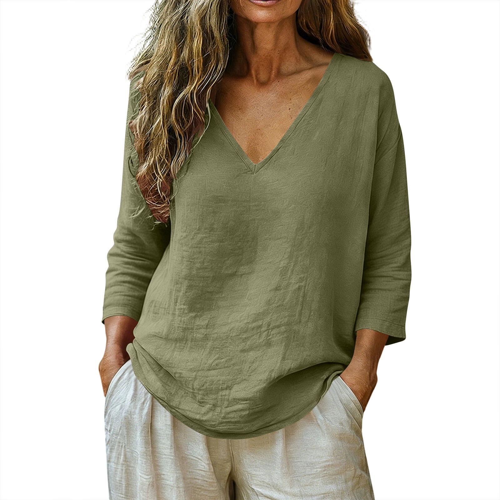 Miluxas Women's Cotton Linen Textured Blouse – V-Neck Long Sleeve Loose ...